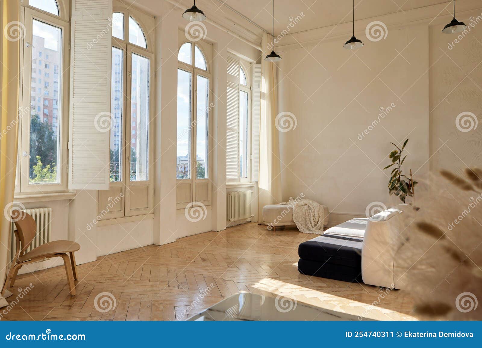 Interior of Spacious Sunlit Living Room Copy Space Stock Image - Image ...