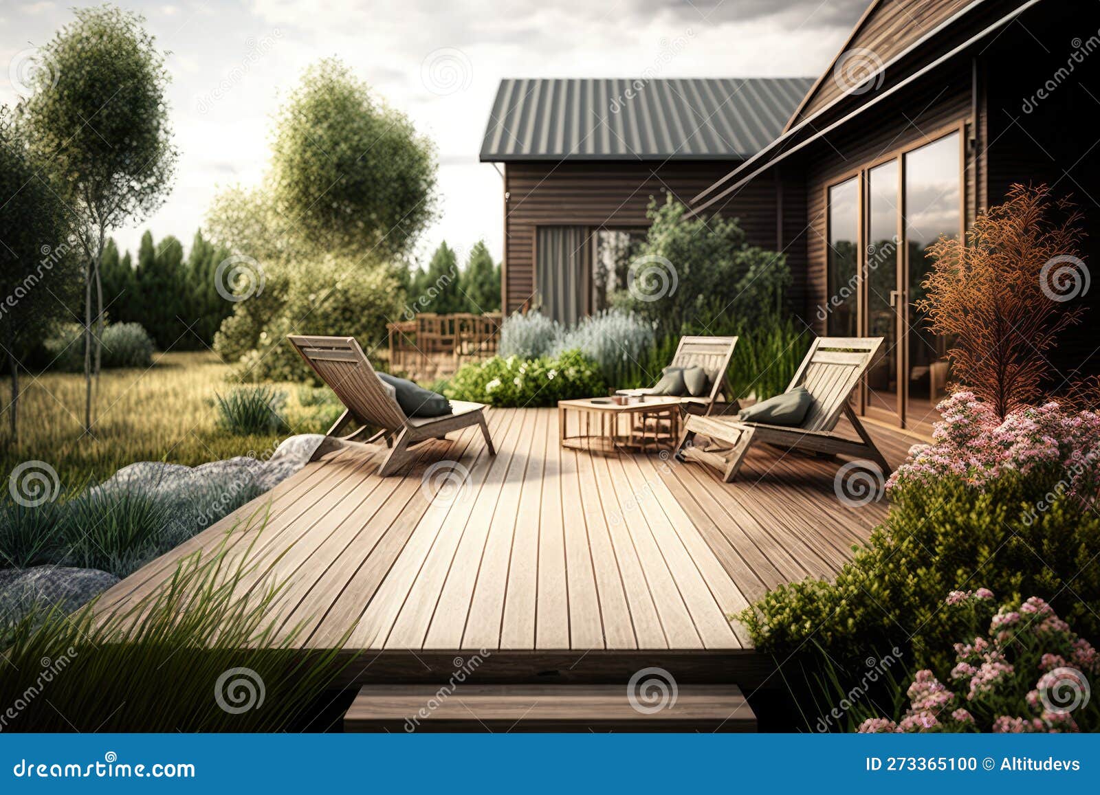 Comfortable Modern Wooden Deck with Chairs and Cozy Backyard Stock ...