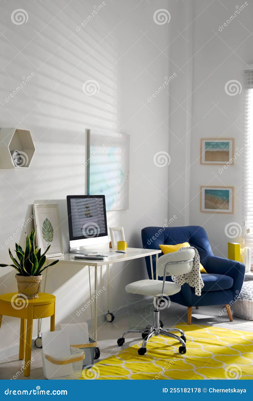 Comfortable Office Chair Near Desk with Computer Indoors Stock Photo ...