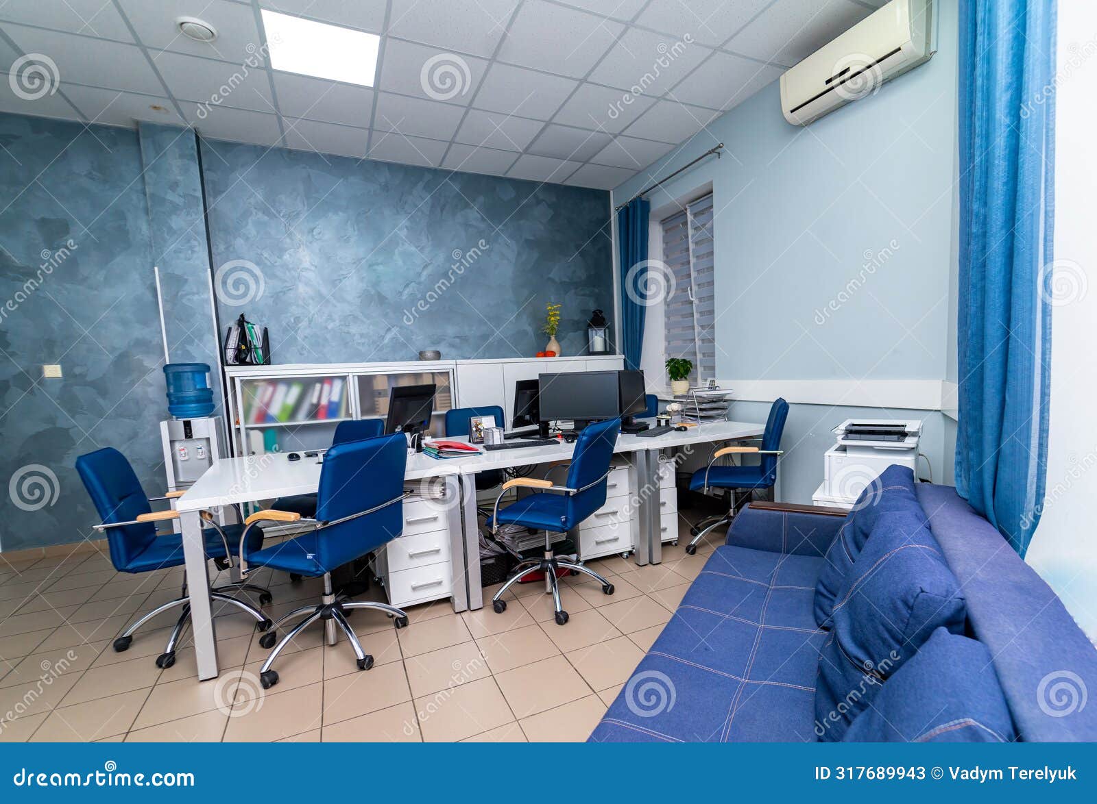 Comfortable Office Interior Decoration. Modern Blue Office with Sofa ...