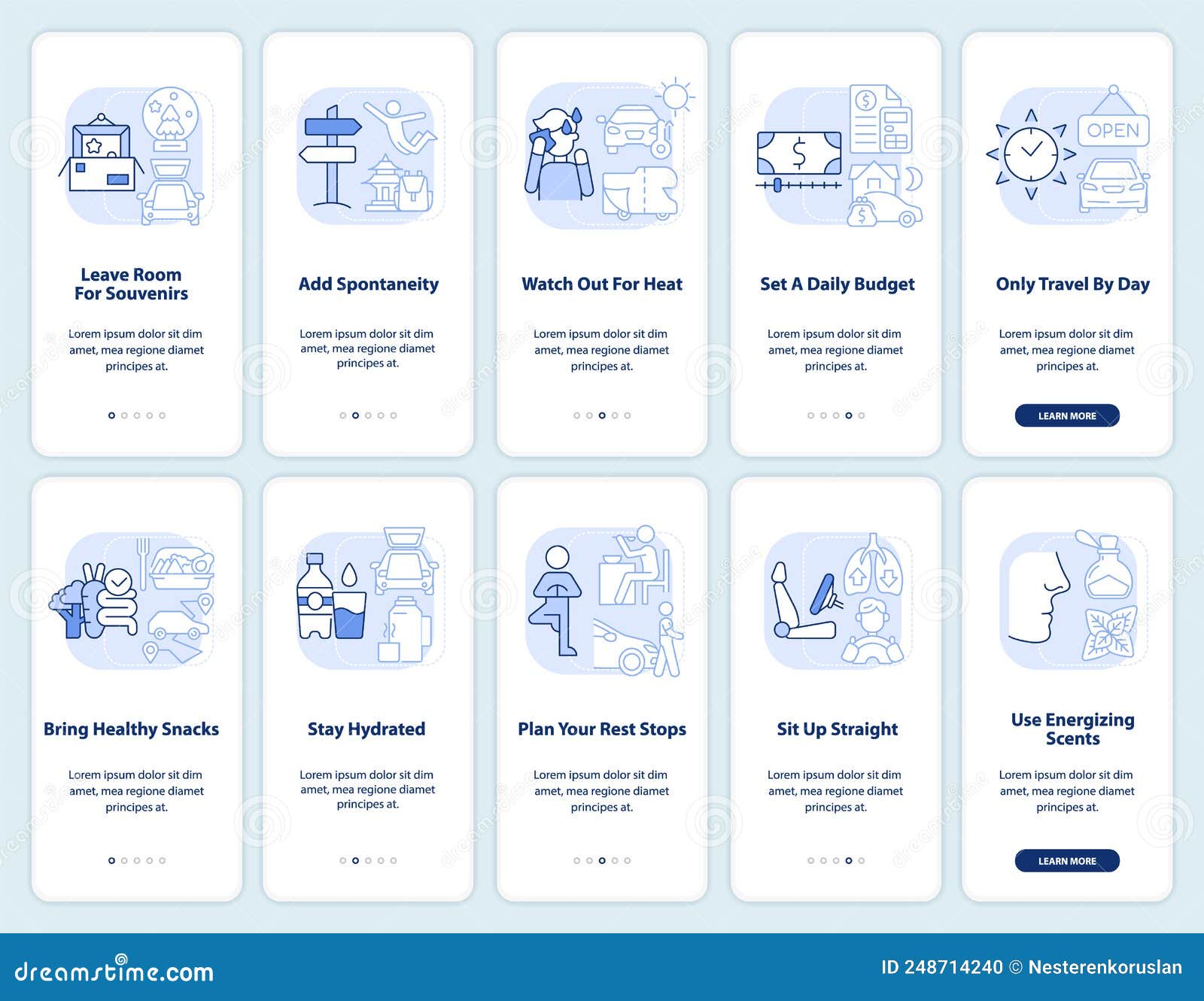 Comfortable Road Trip Light Blue Onboarding Mobile App Screen Set Stock ... Comfortable Road Trip Light Blue Onboarding Mobile App Screen Set Stock ...