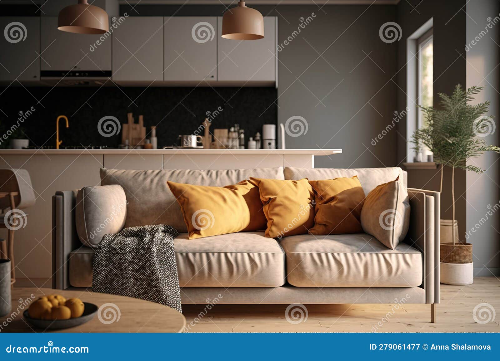 Comfortable Sand-colored Sofa in a Modern Kitchen. Generative AI Stock ...
