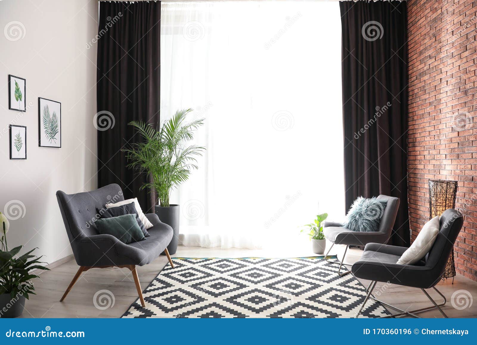 Comfortable Sofa and Chairs Near Window with Curtains in Room Stock ...