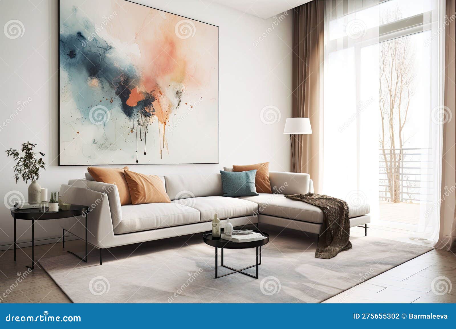 A Comfortable Sofa with a Large Abstract Painting on the Wall Behind it ...