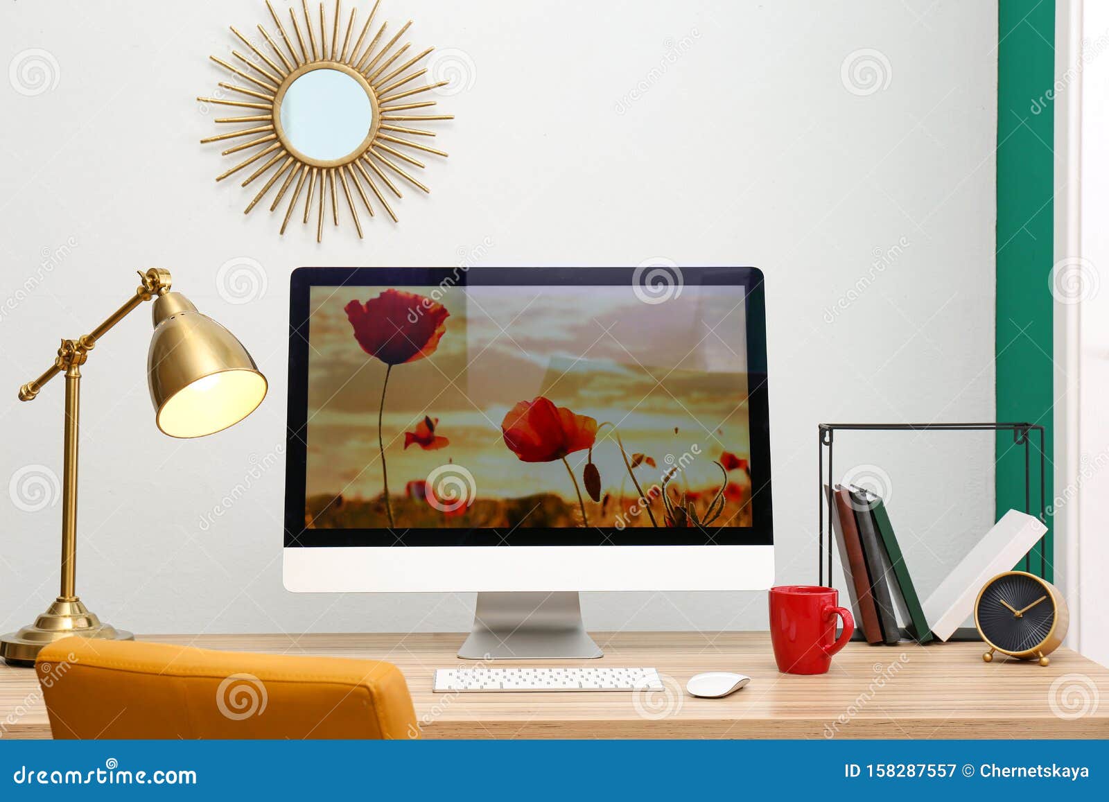 Comfortable Workplace with Computer on Desk Against White Stock Image ...