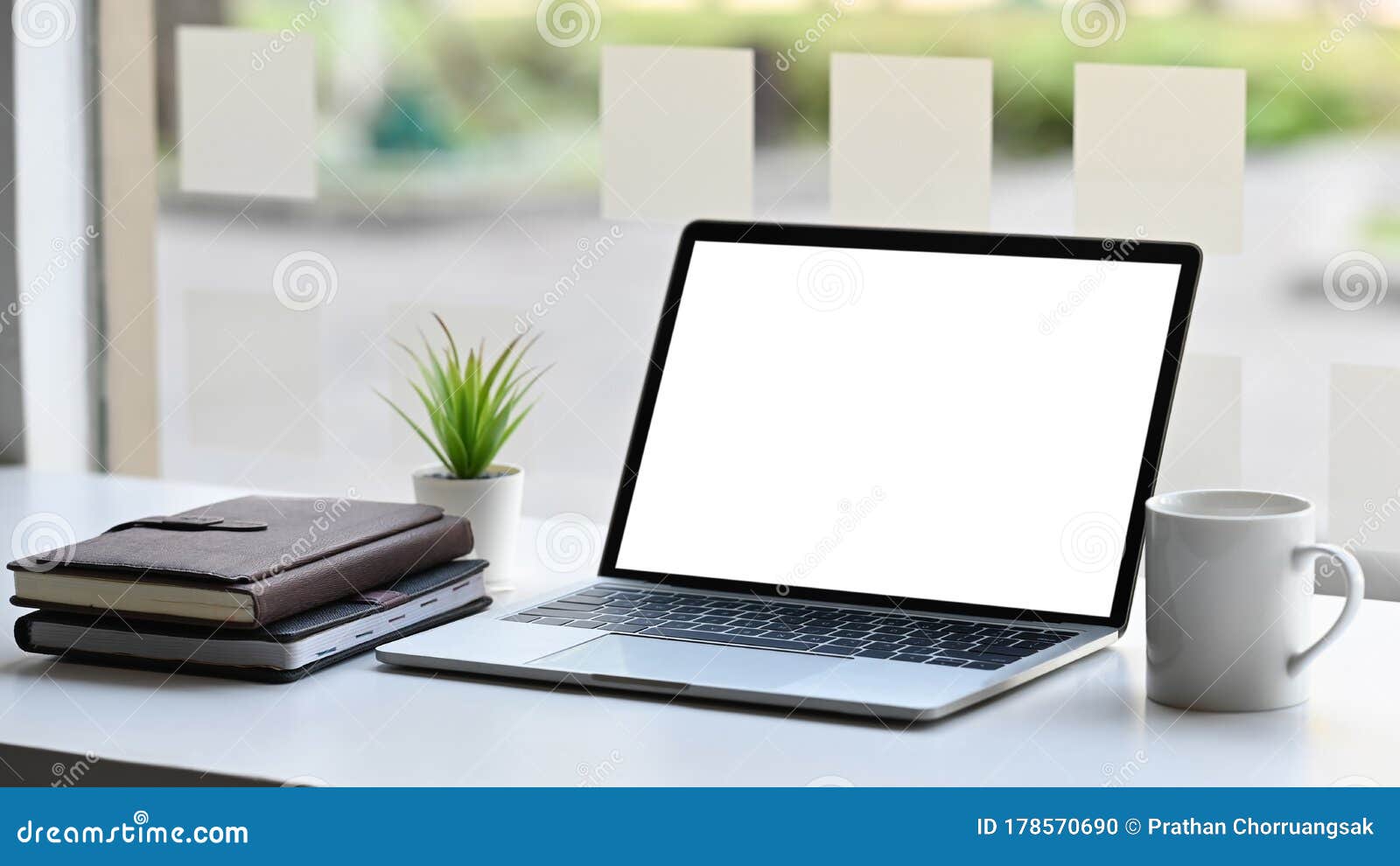 Comfortable Workplace. Computer Laptop with White Blank Screen Putting ...