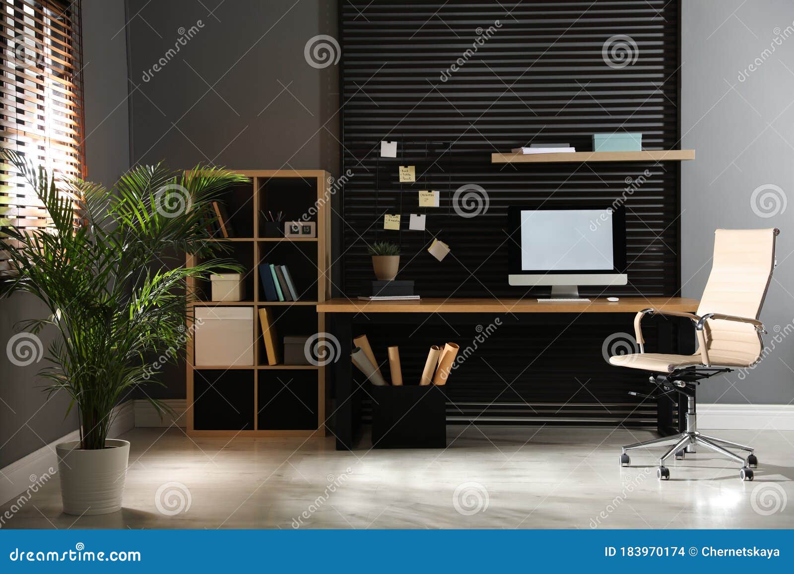 Workplace with Computer and Office Chair. Stylish Room Interior Stock ...