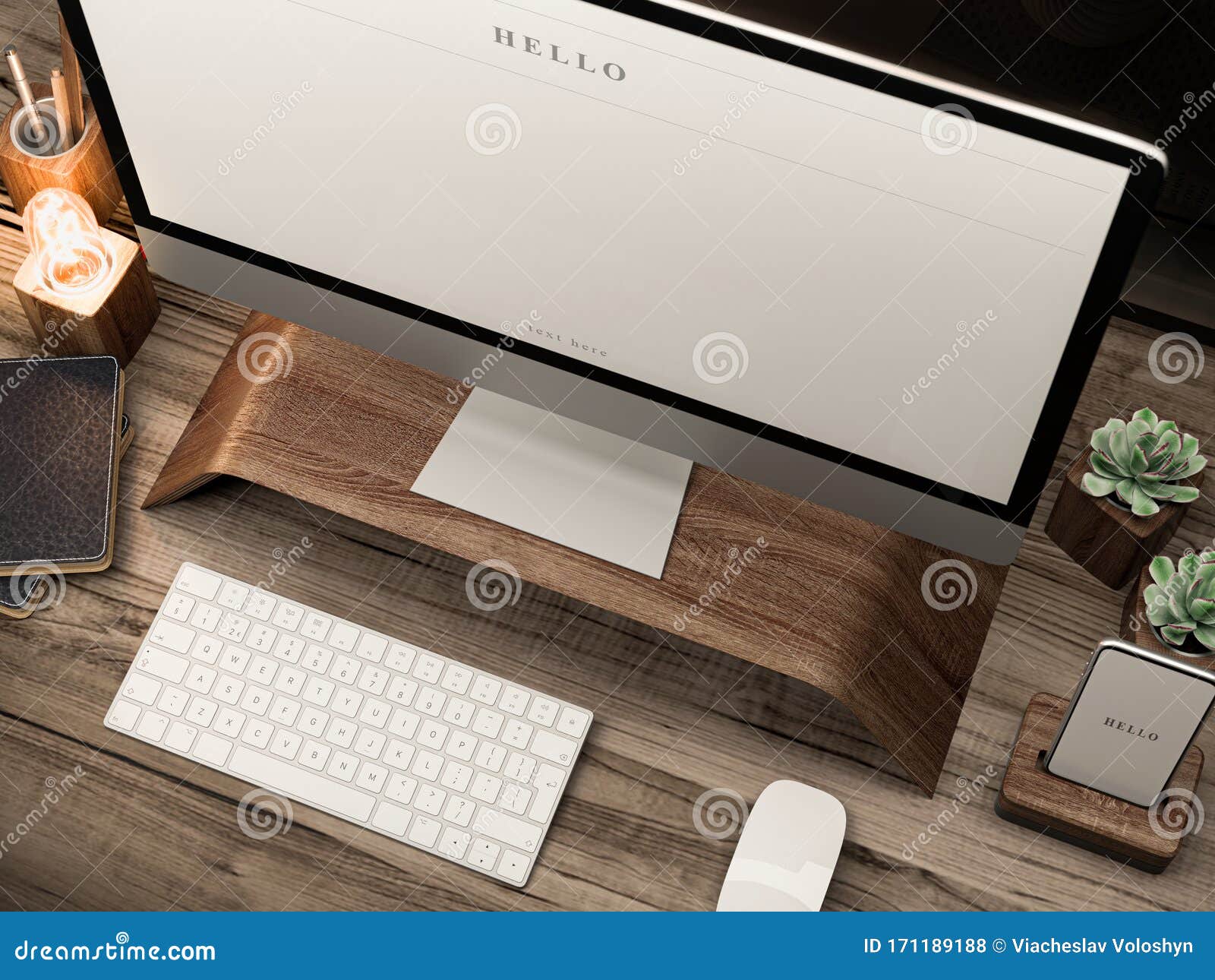 Comfortable Workplace with Large Monitor. Top View with Space for ...