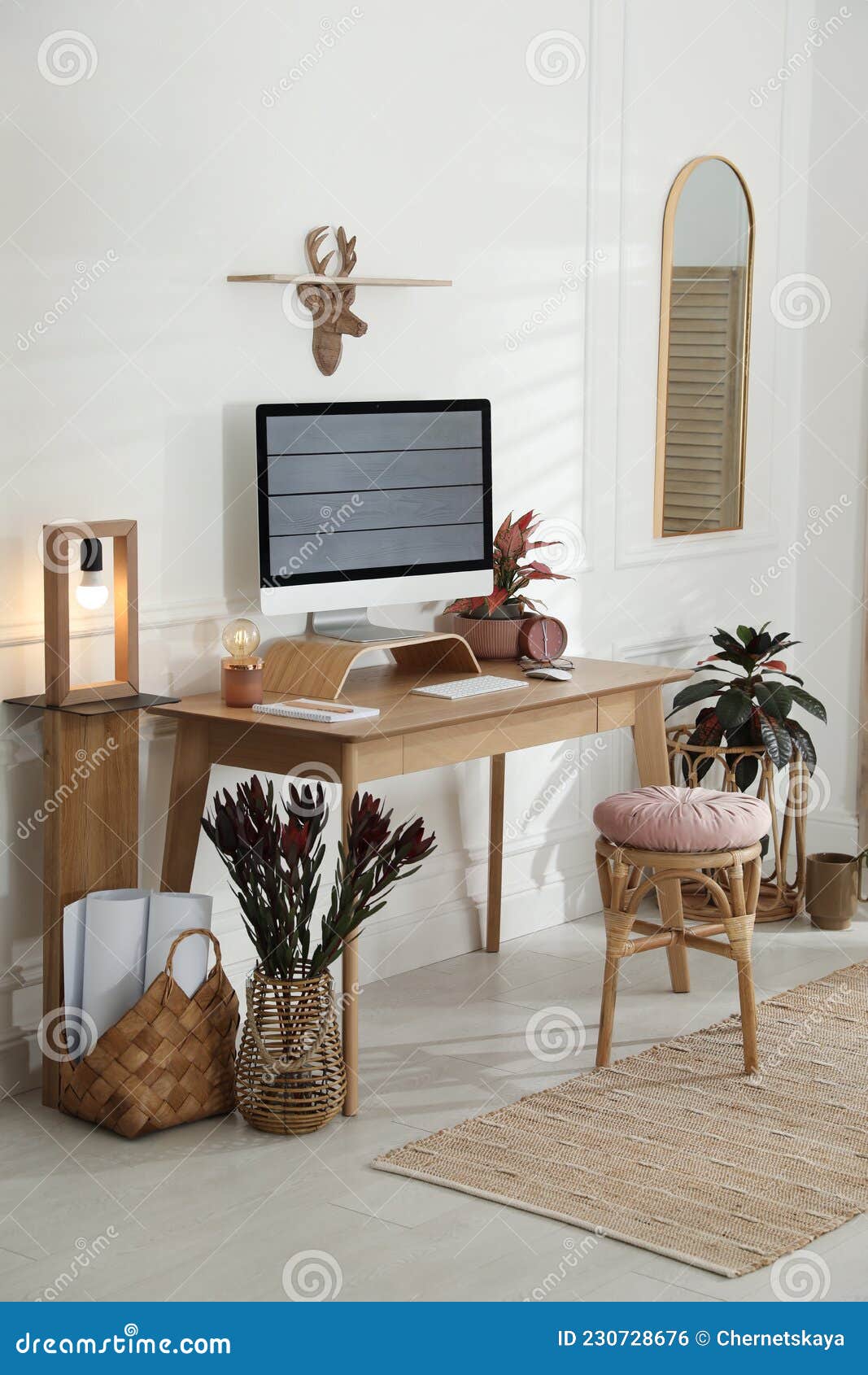 Comfortable Workplace with Modern Computer and Beautiful Plants in Room ...