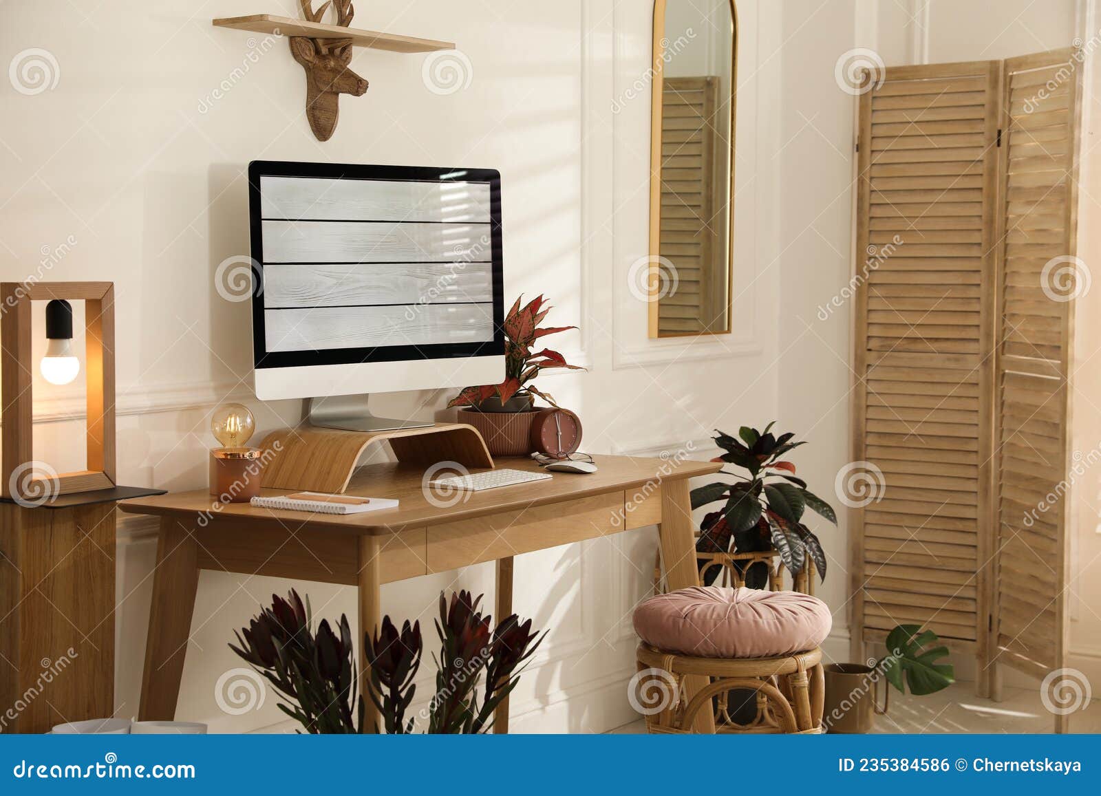 Comfortable Workplace with Modern Computer and Beautiful Plants in Room ...