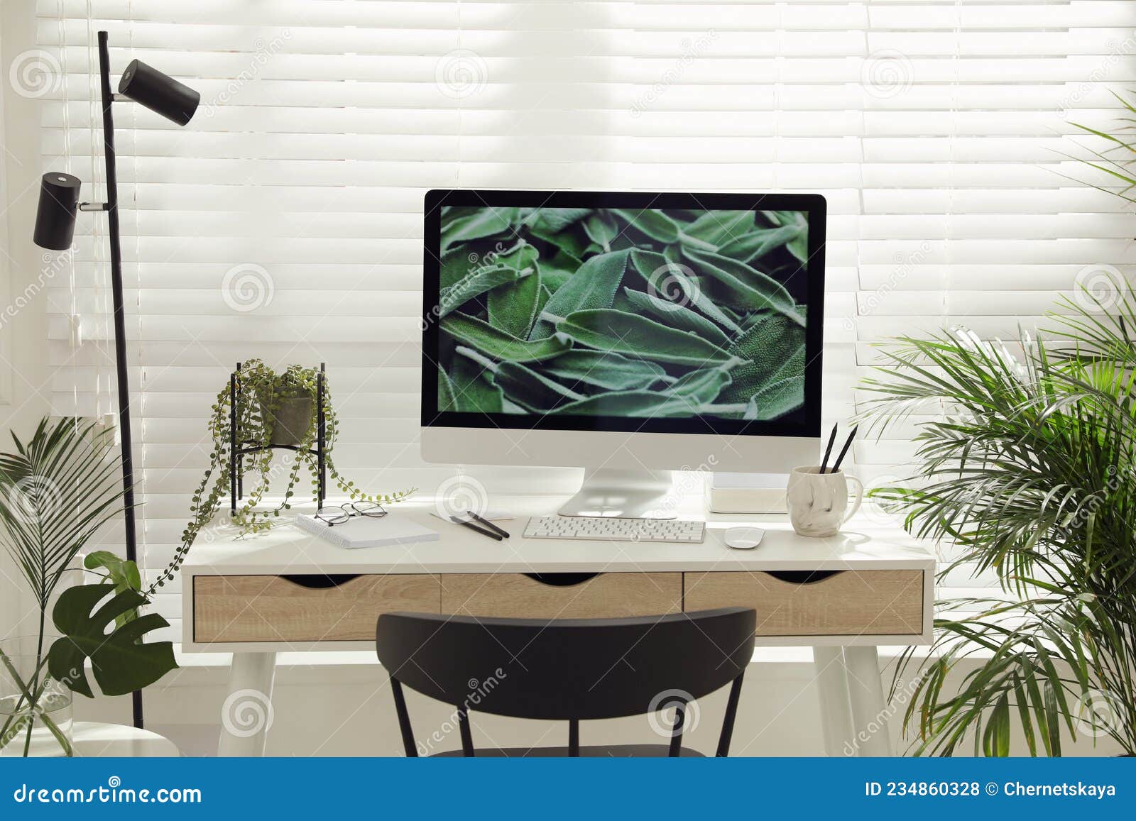 Comfortable Workplace with Modern Computer and Green Plants in Room ...