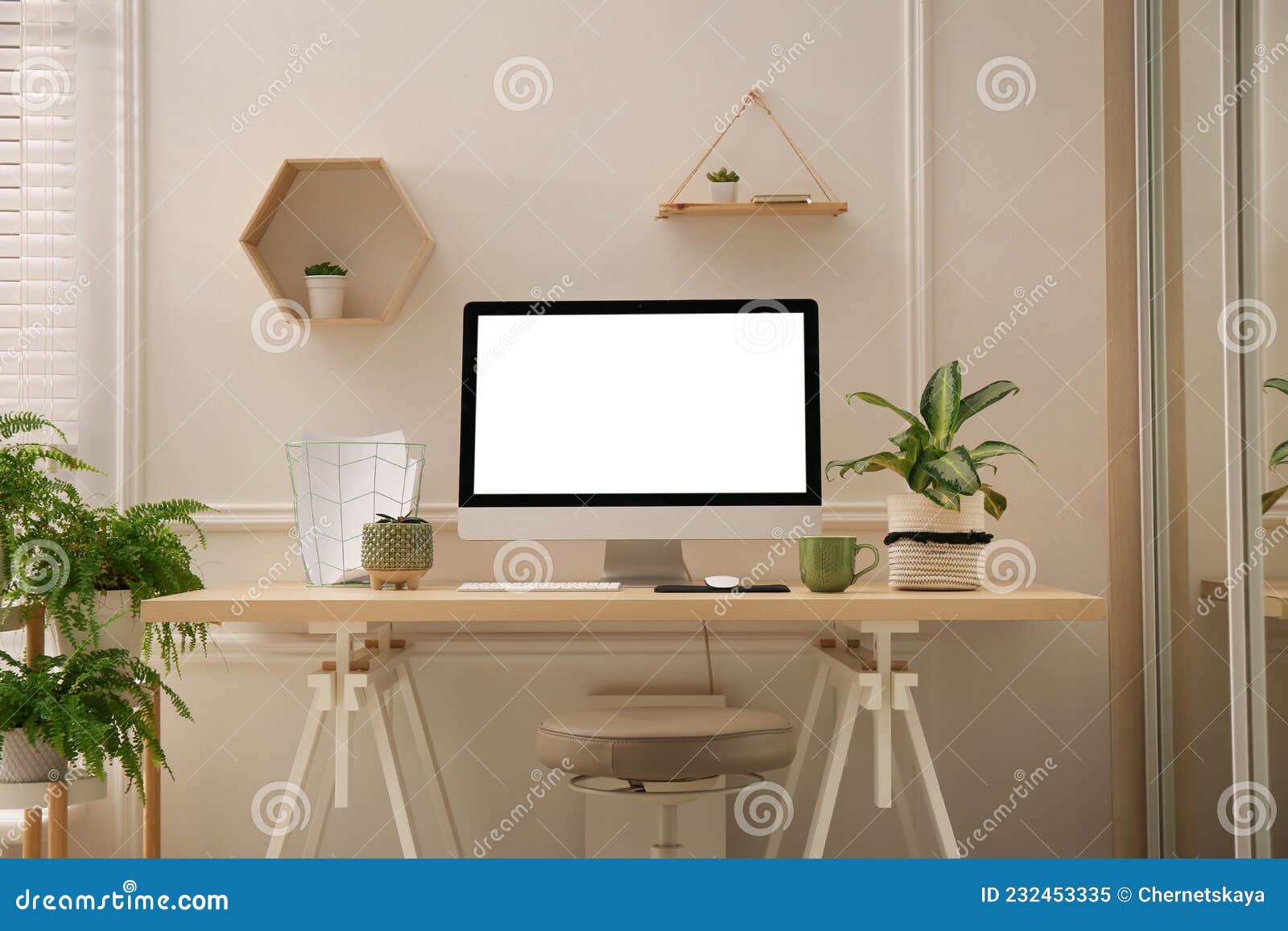 Comfortable Workplace with Modern Computer and Houseplants in Room ...