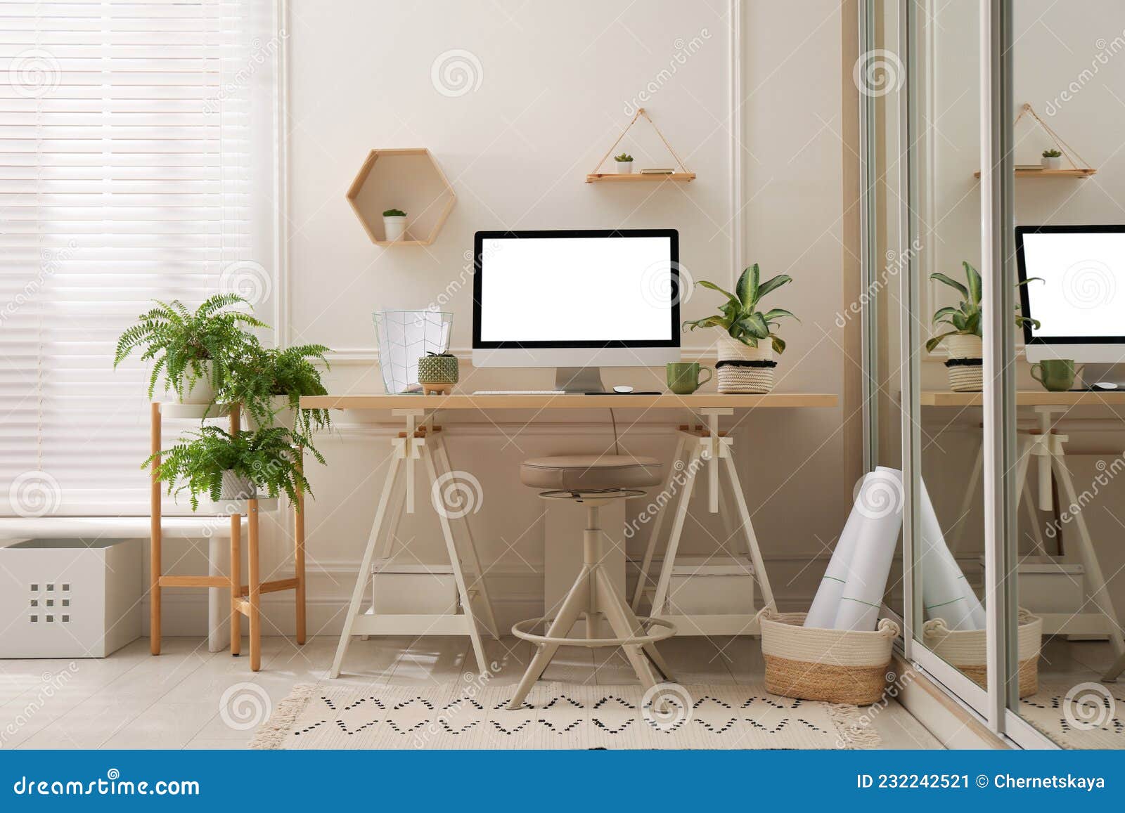 Comfortable Workplace with Modern Computer and Houseplants in Room ...