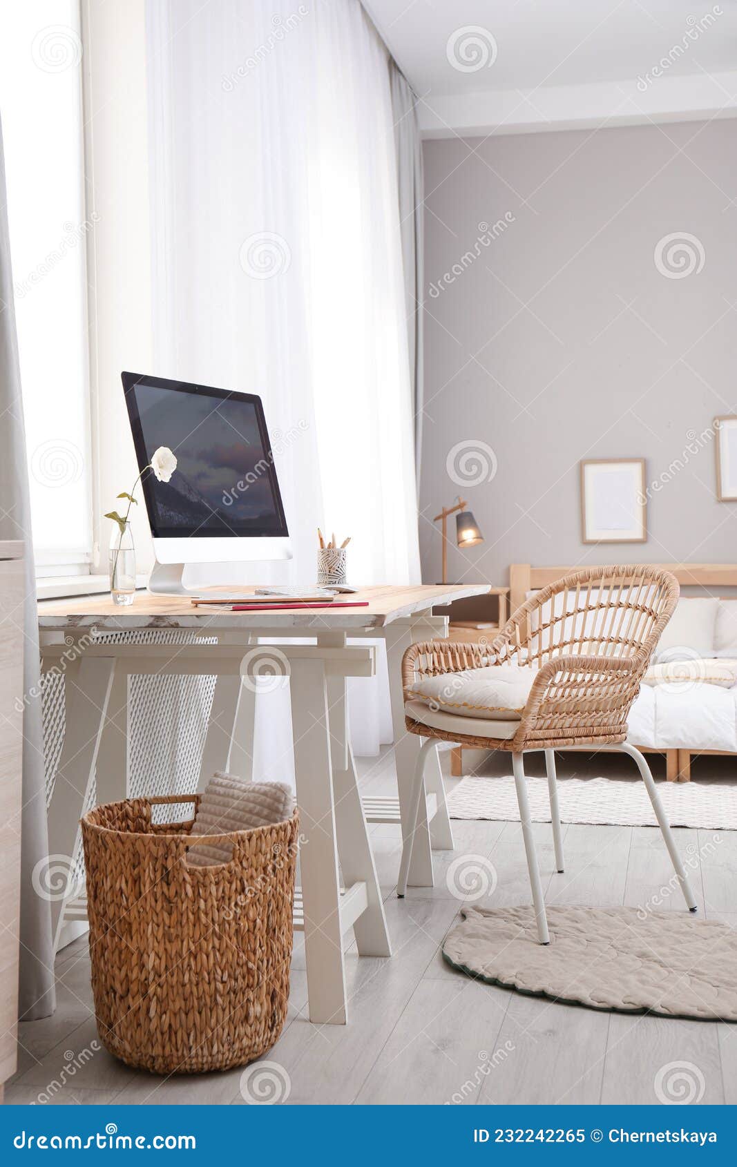 Comfortable Workplace with Modern Computer Near Window in Bedroom ...