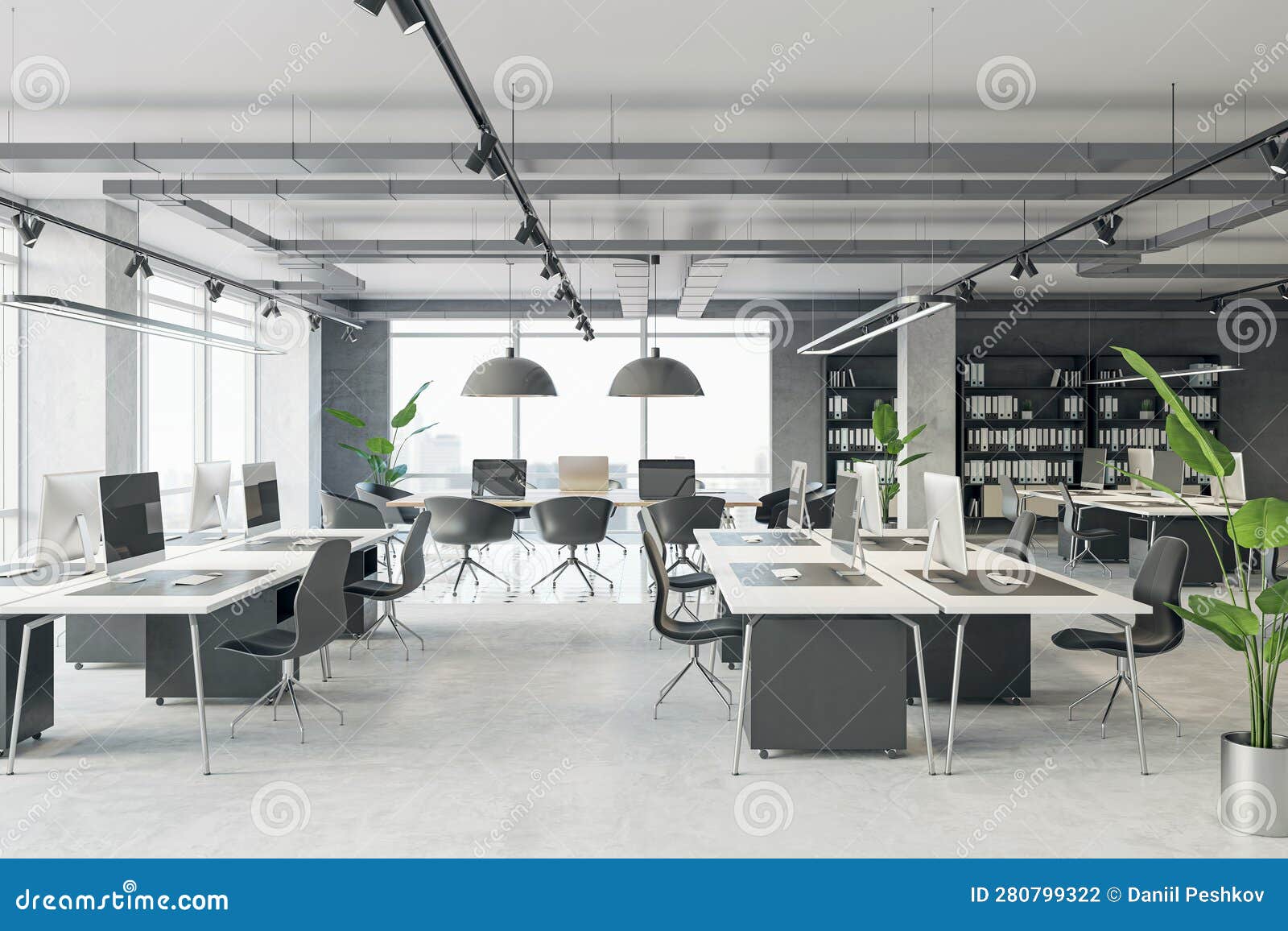 Comfortable Workplaces In An Open Office Interior With Desks, Computers ...