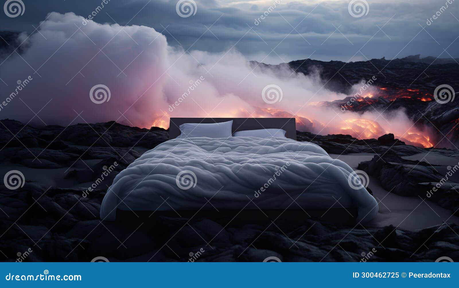 Comfy White Master Bed on the Black Ashes Surrounded by Volcano. Stock ...