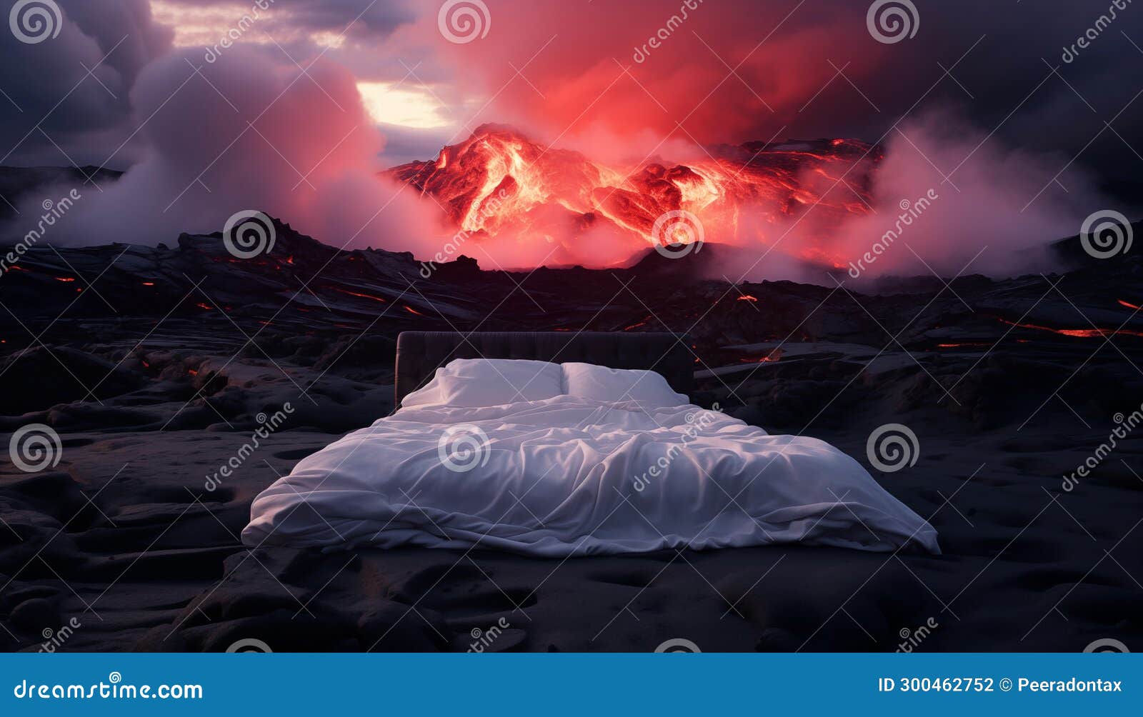 Comfy White Master Bed on the Black Ashes Surrounded by Volcano. Stock ...