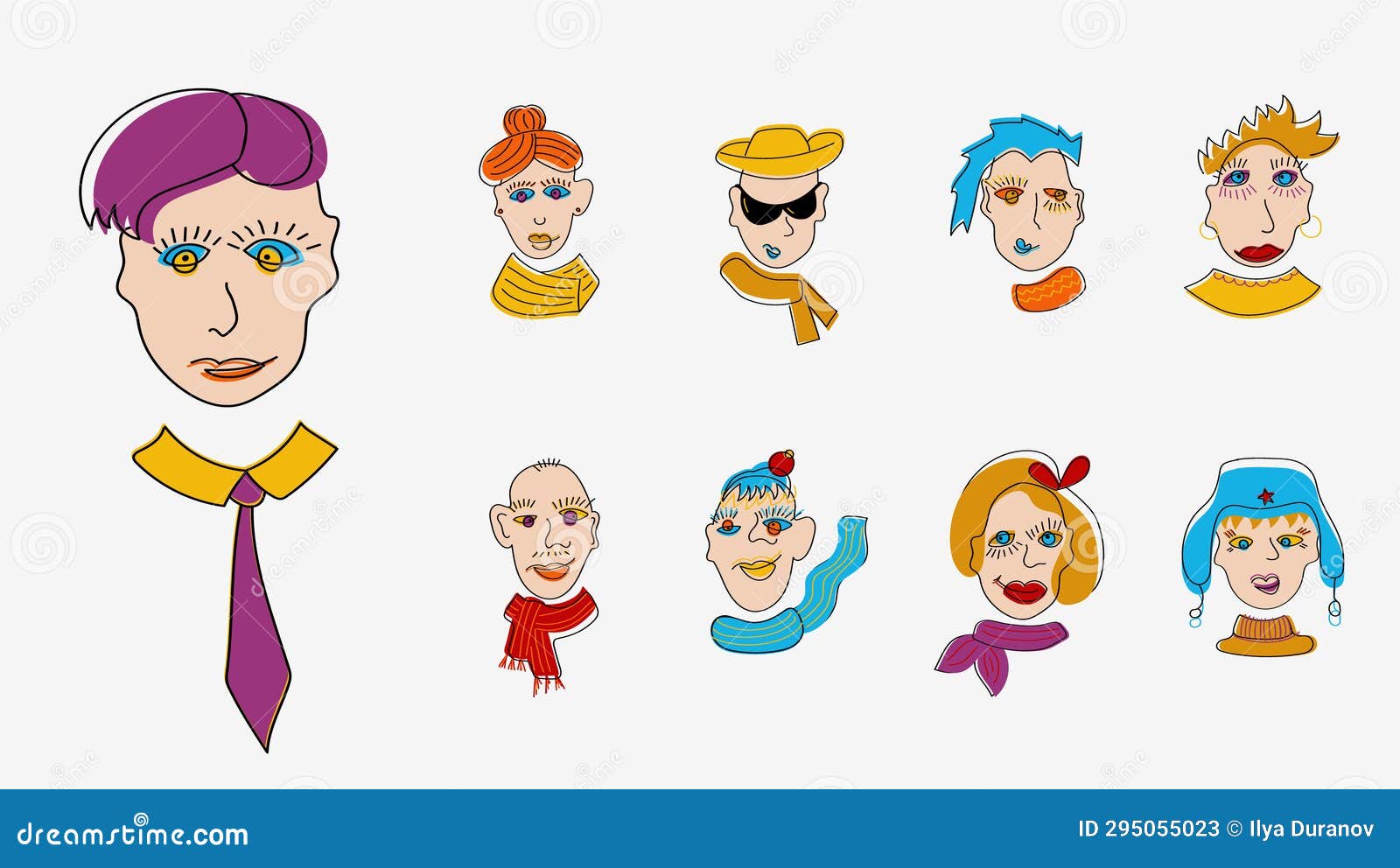 Comic Abstract Human Faces Set. Hand-drawn Characters Vector ...