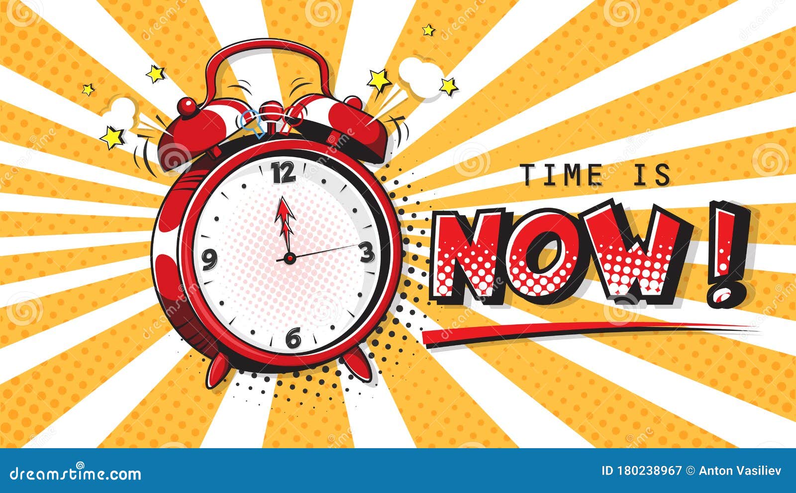 Comic Alarm Clock and Expression Speech Bubble with Time is Now Text ...