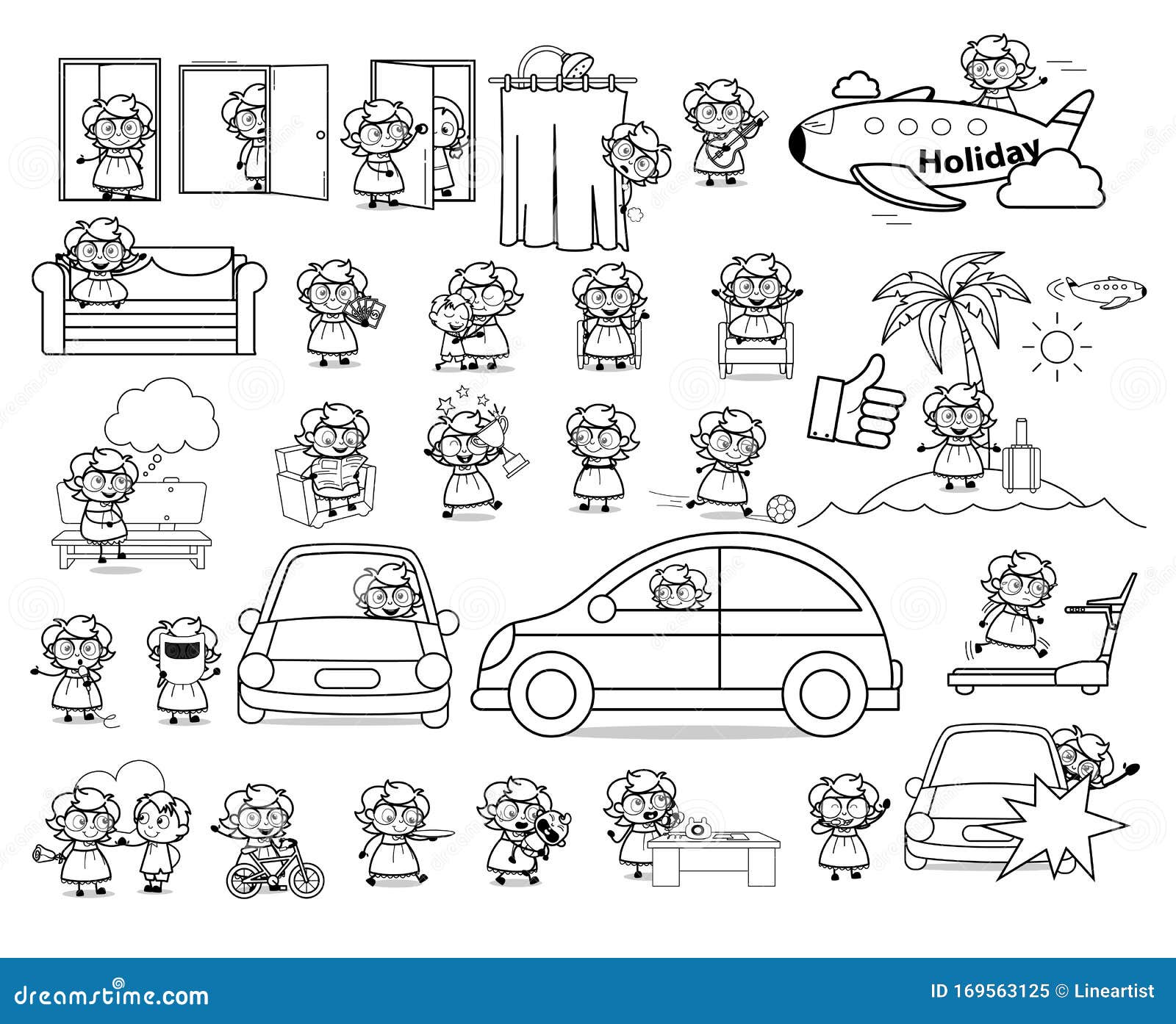 Comic Art of Young Intelligent Girl Character - Set of Concepts Vector ...