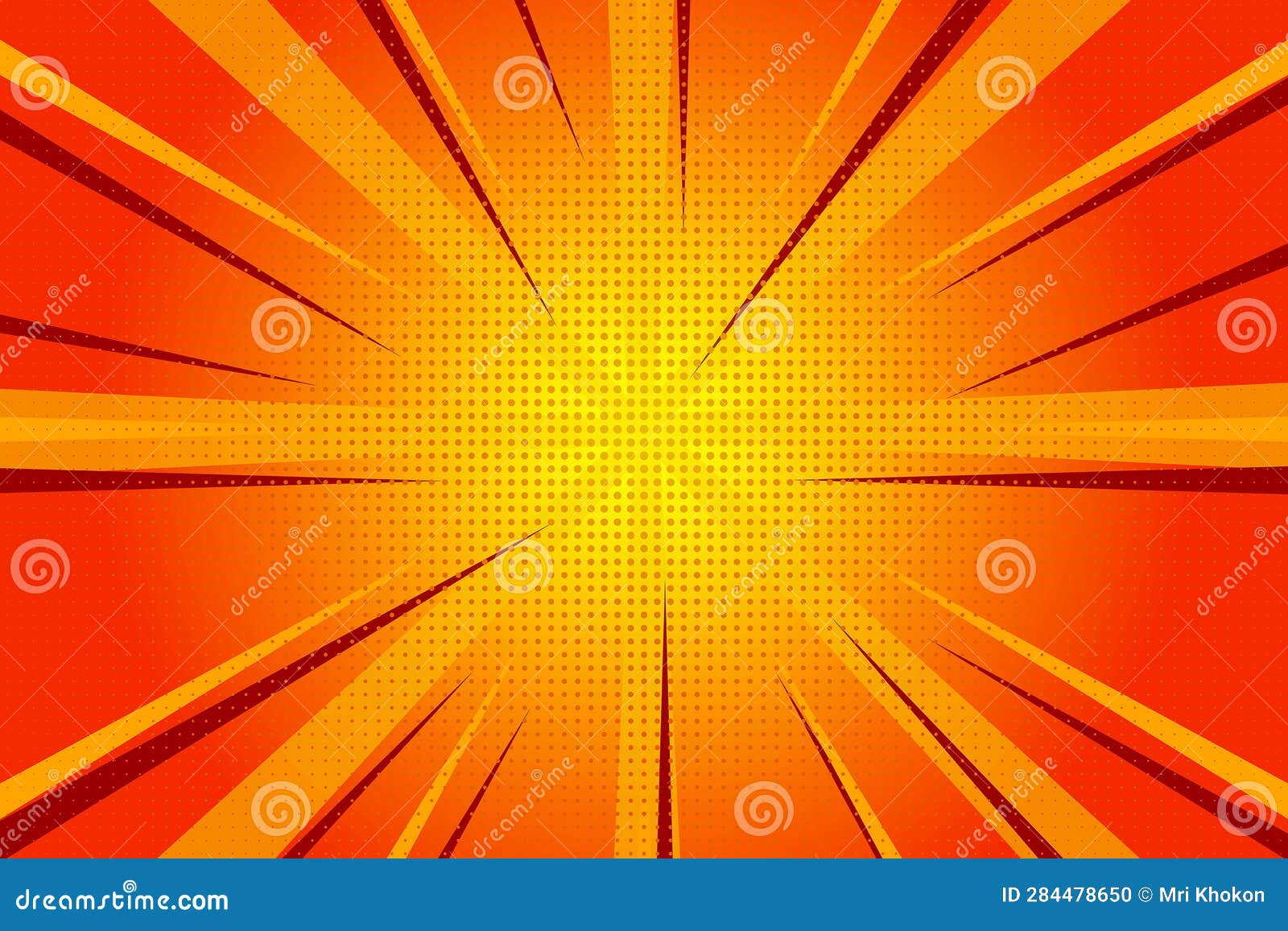 Comic Style Yellow-Red Background with Sun Ray and Halftone Stock ...