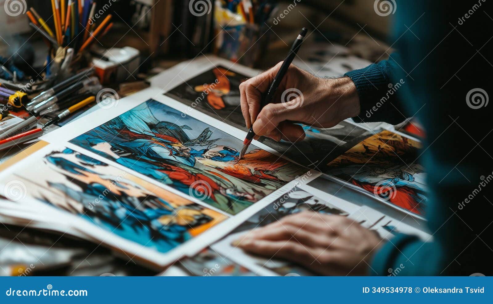 Comic Book Artist Inking Dramatic Scenes on a Drafting Table Stock ...