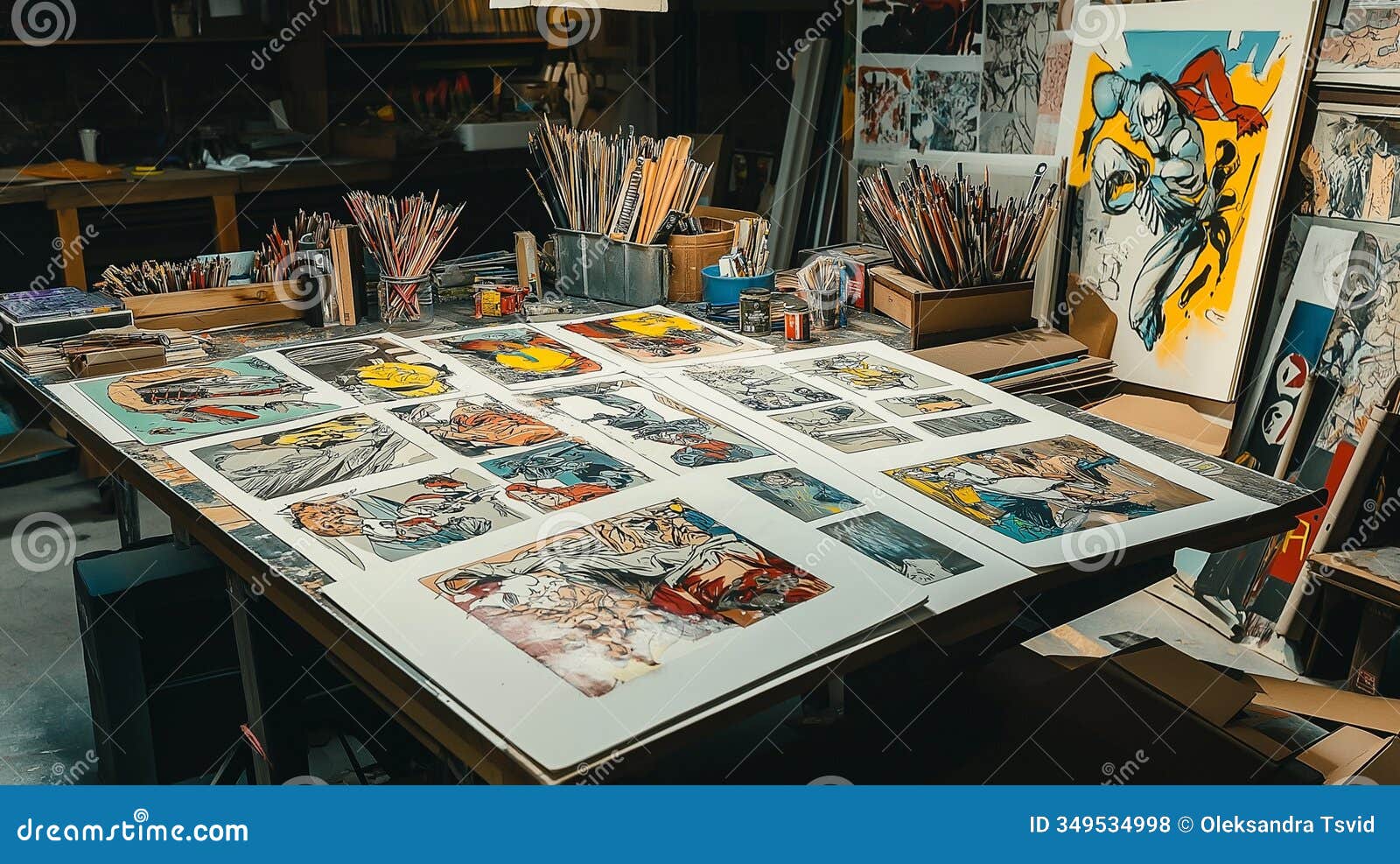 Comic Book Artist Inking Dramatic Scenes on a Drafting Table Stock ...