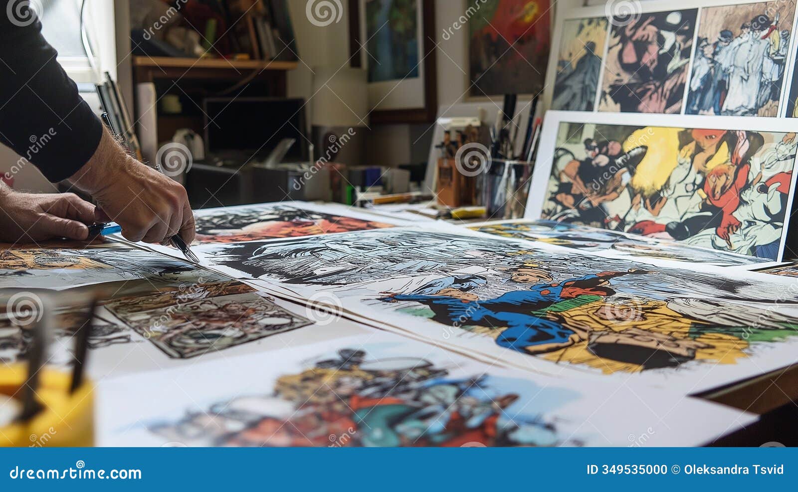 Comic Book Artist Inking Dramatic Scenes on a Drafting Table Stock ...