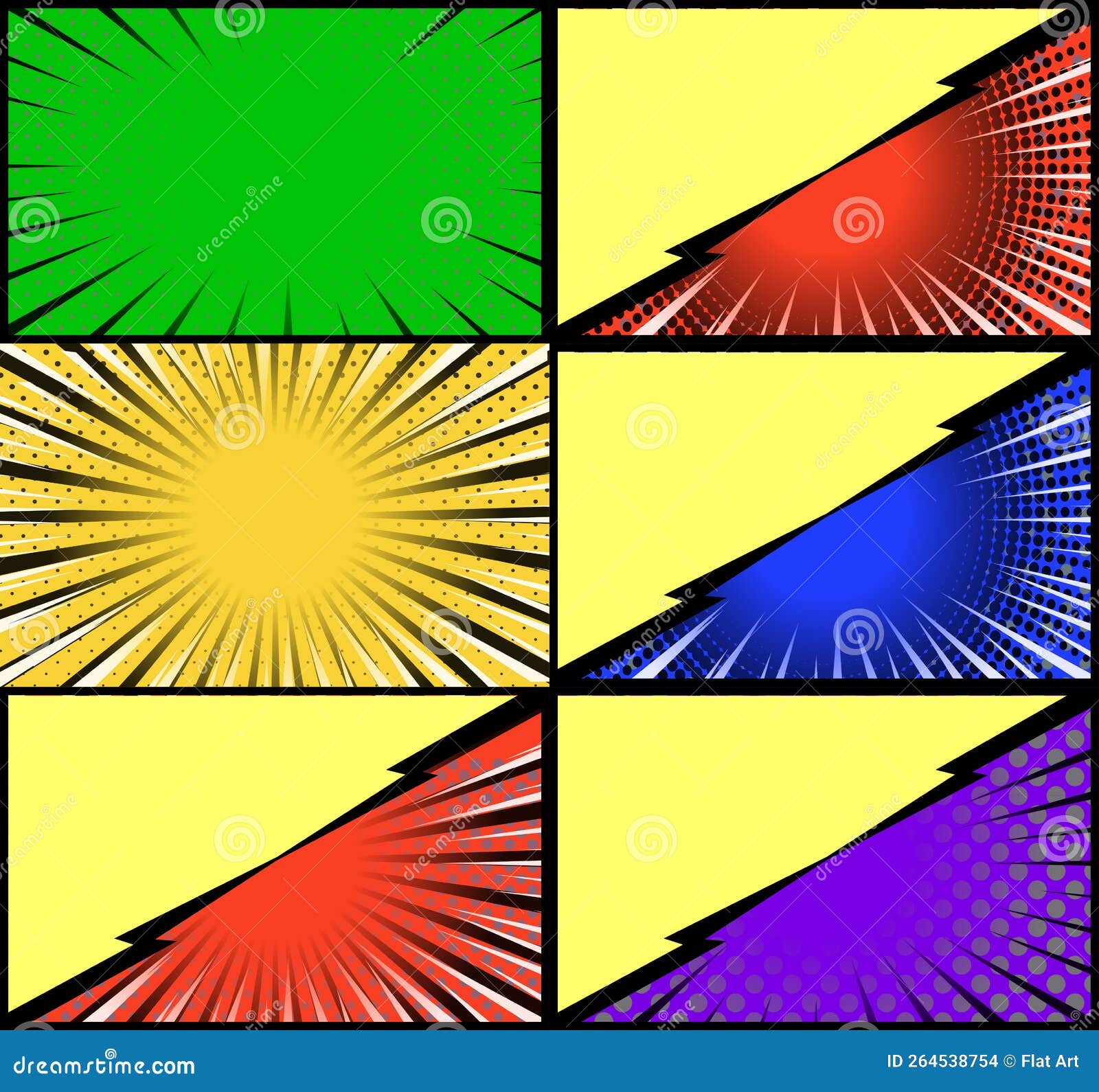 Comic Book Colorful Frames Background with Halftone Rays Radial and ...