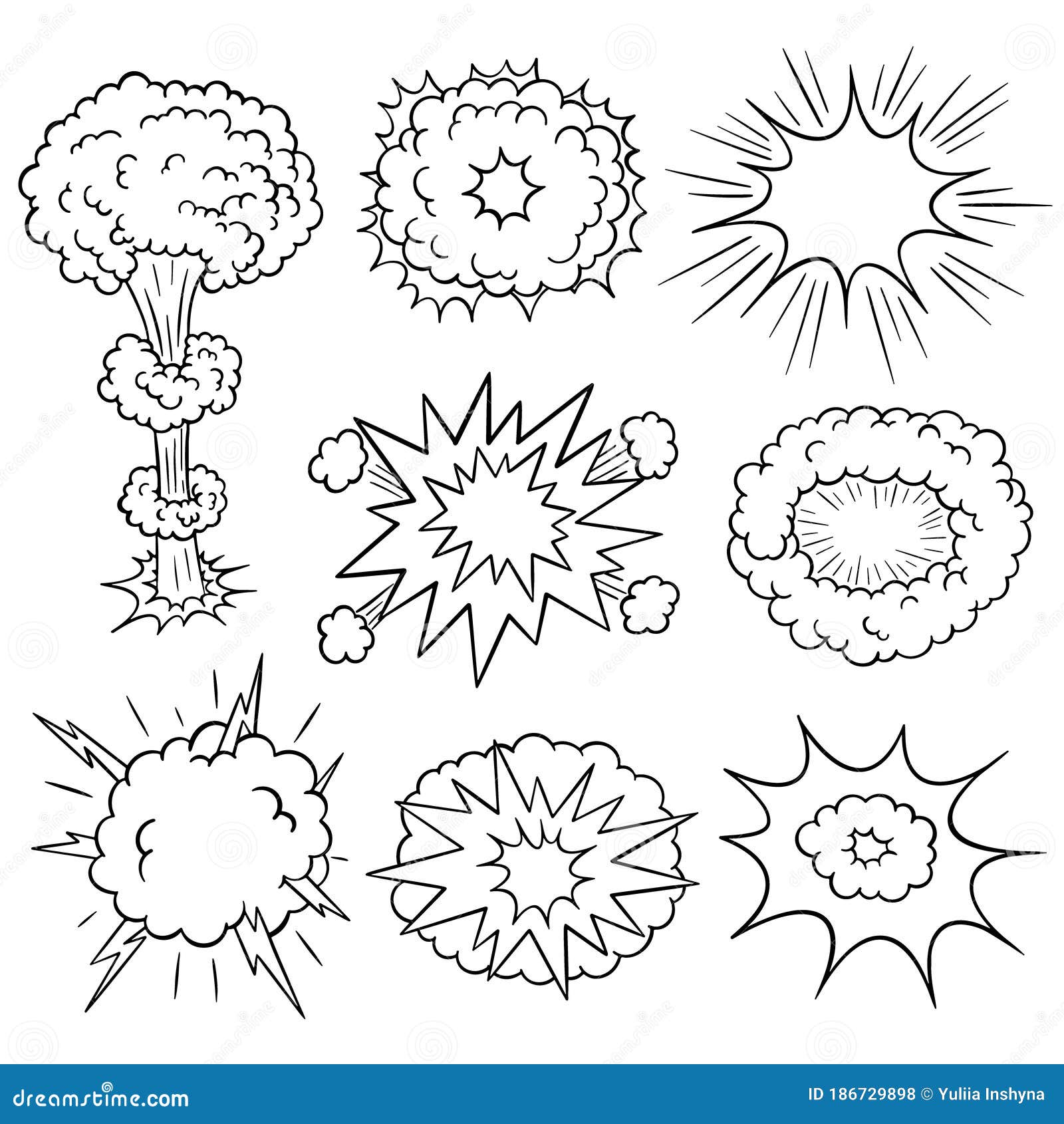 Comic Book Explosion Cloud Set Hand Drawn Comic Doodle Stock Vector ...