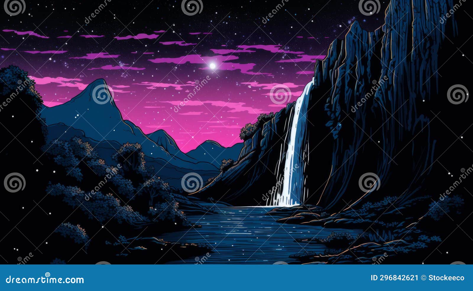 Stunning Mountain Waterfall at Night with Stars - Dan Mumford Style ...