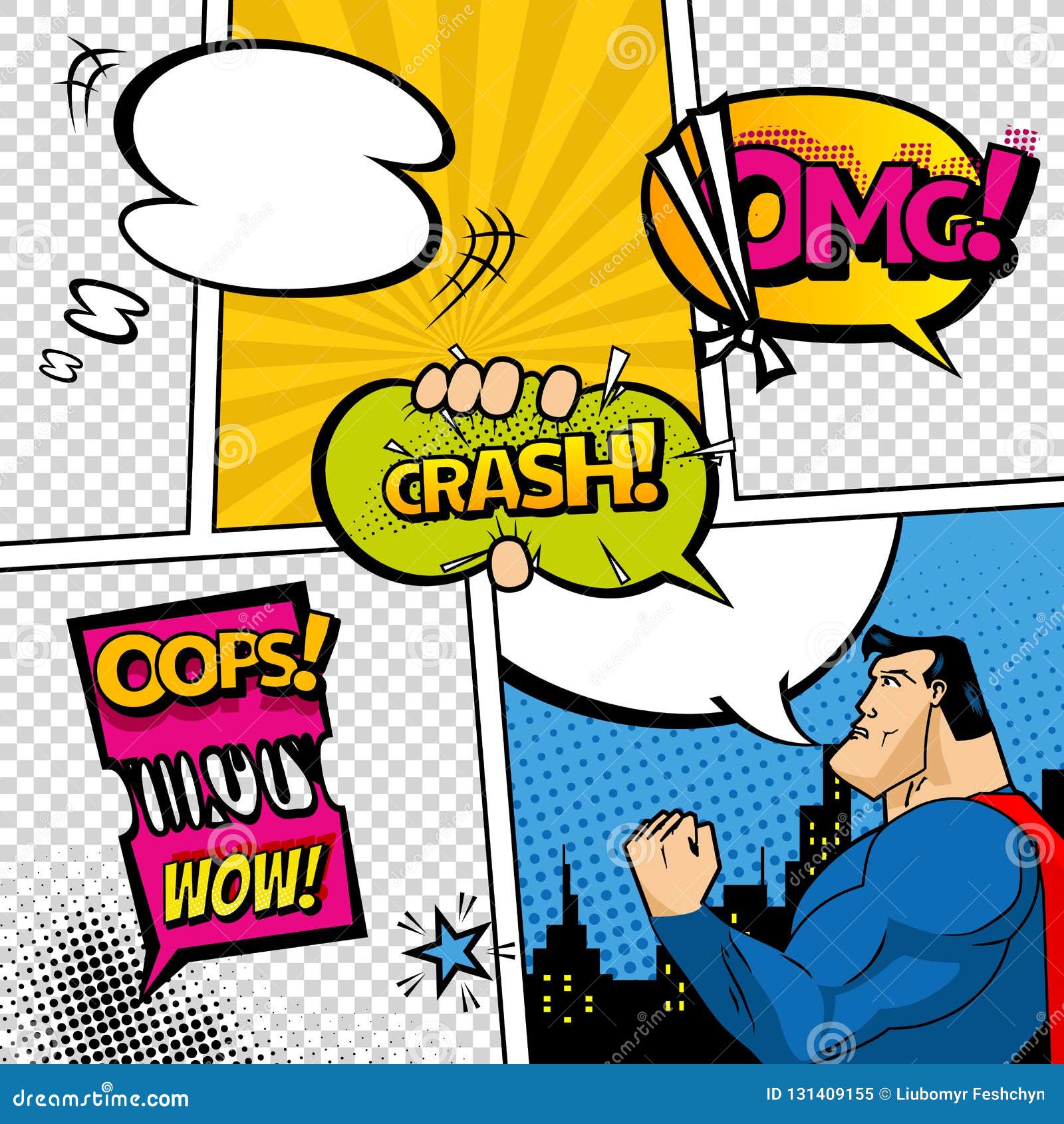 Comic Book Page Divided by Lines with Speech Bubbles, Superhero and ...