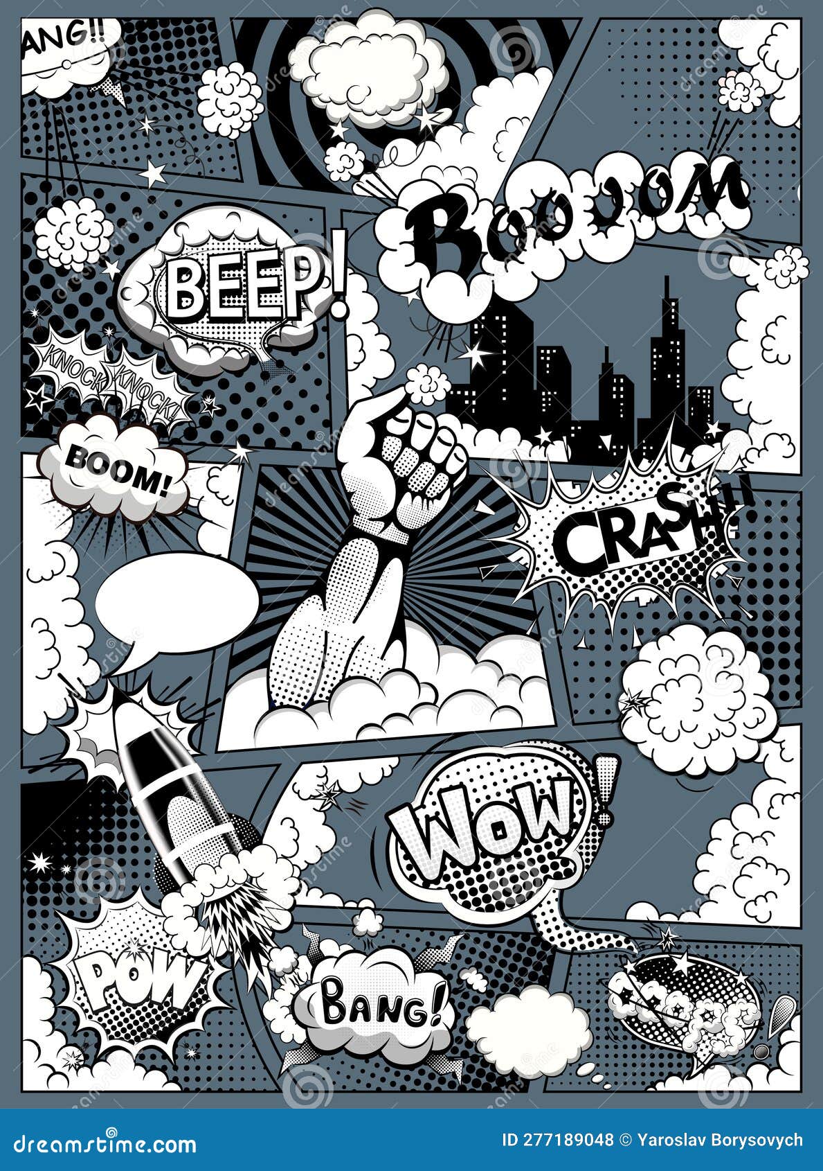 Comic Book Page Layout with Speech Bubbles, Rocket, Superhero and Sound ...