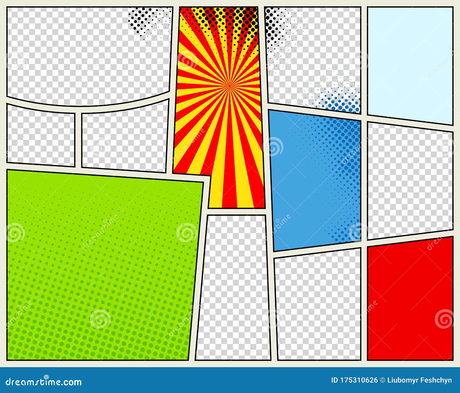 Comic Book Page Template with Radial Halftone Effects and Rays in Pop ...