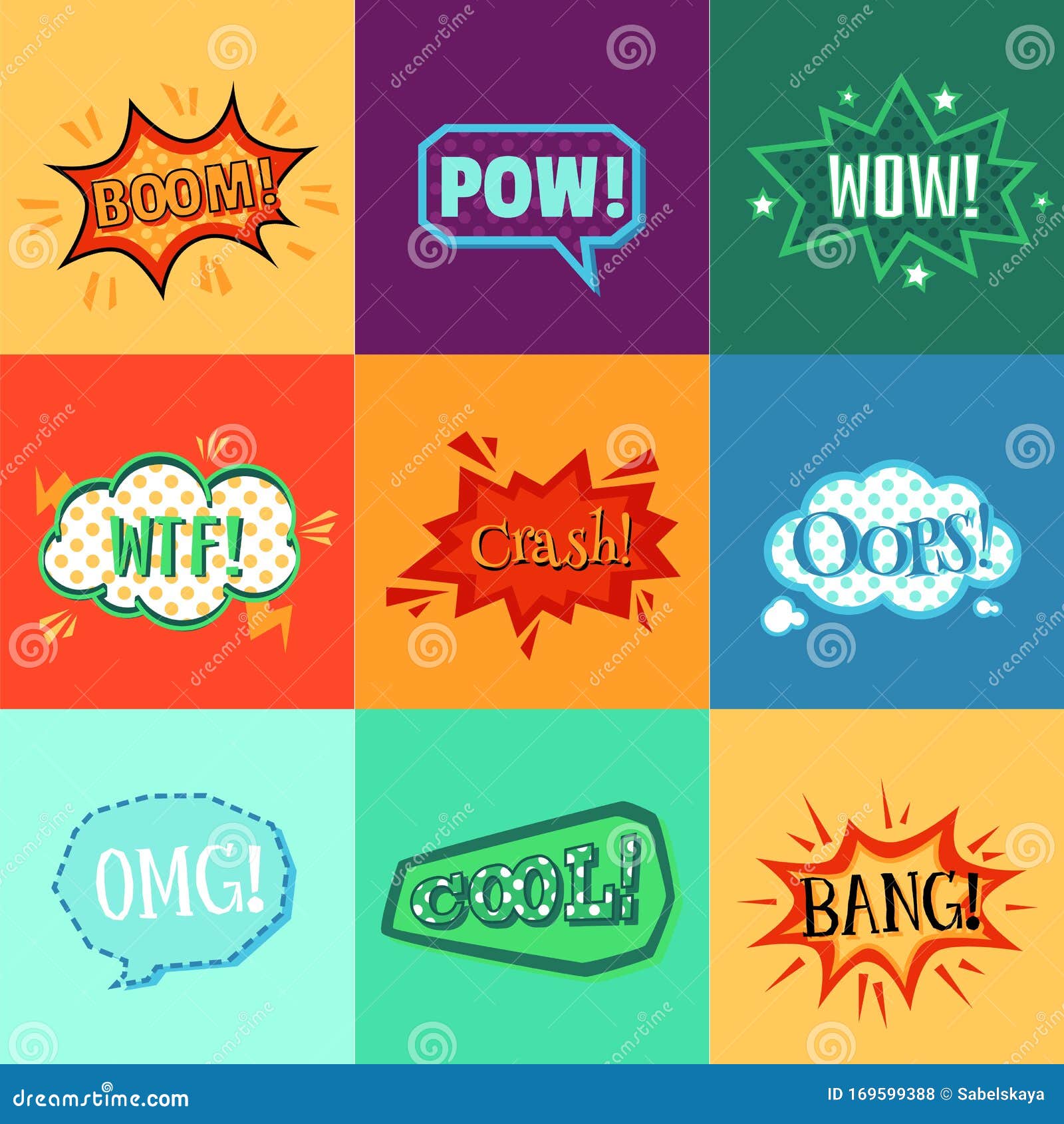 Comic Book Speech Bubble Sticker Set with Colorful Burst Effect Stock ...