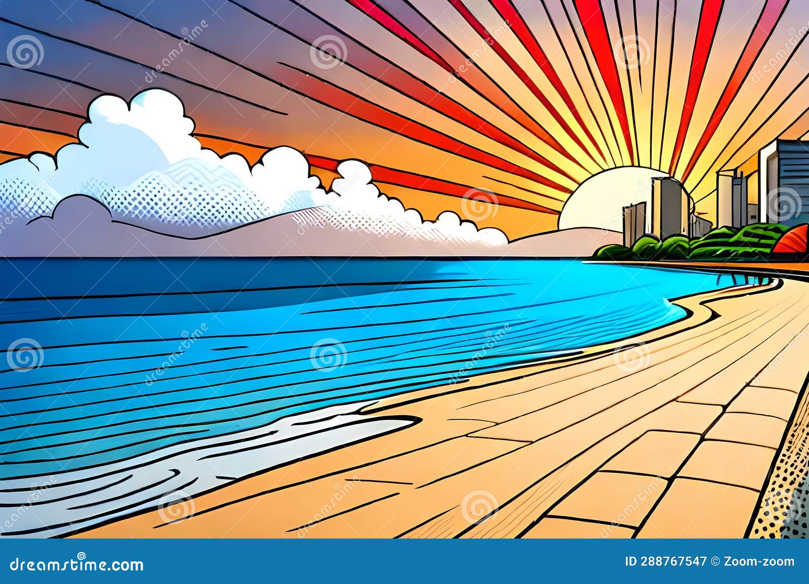 Comic Book Style City Beach at Sunset Stock Illustration - Illustration ...