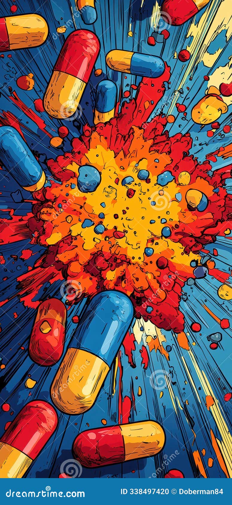 Comic Book-style Explosion with Vibrant Capsules Bursting in Colorful ...