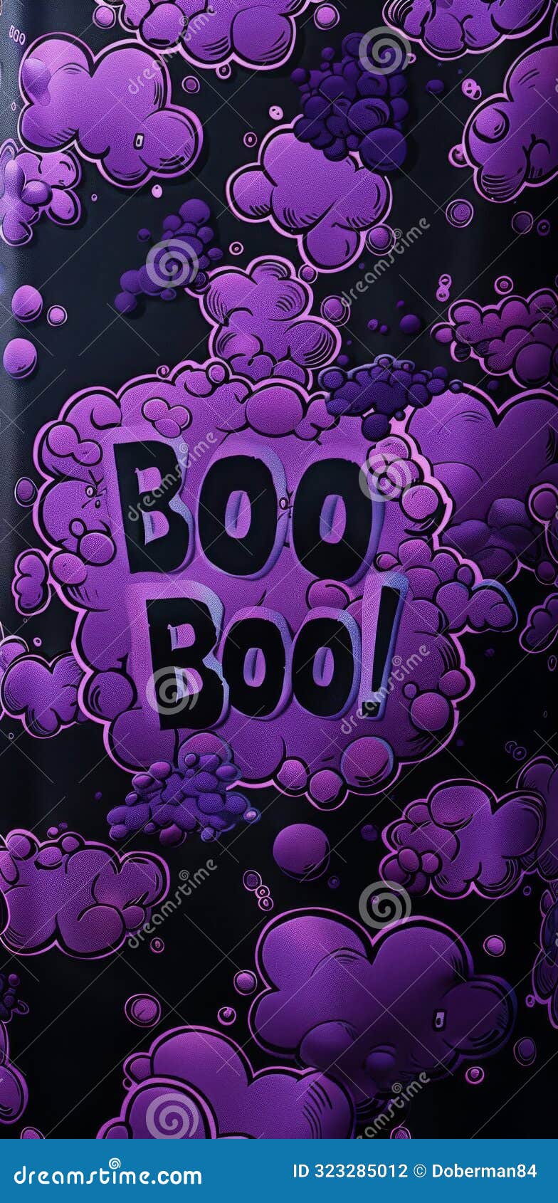 Comic Book Style Fabric with Purple Clouds and Boo Boo Text Stock Photo ...