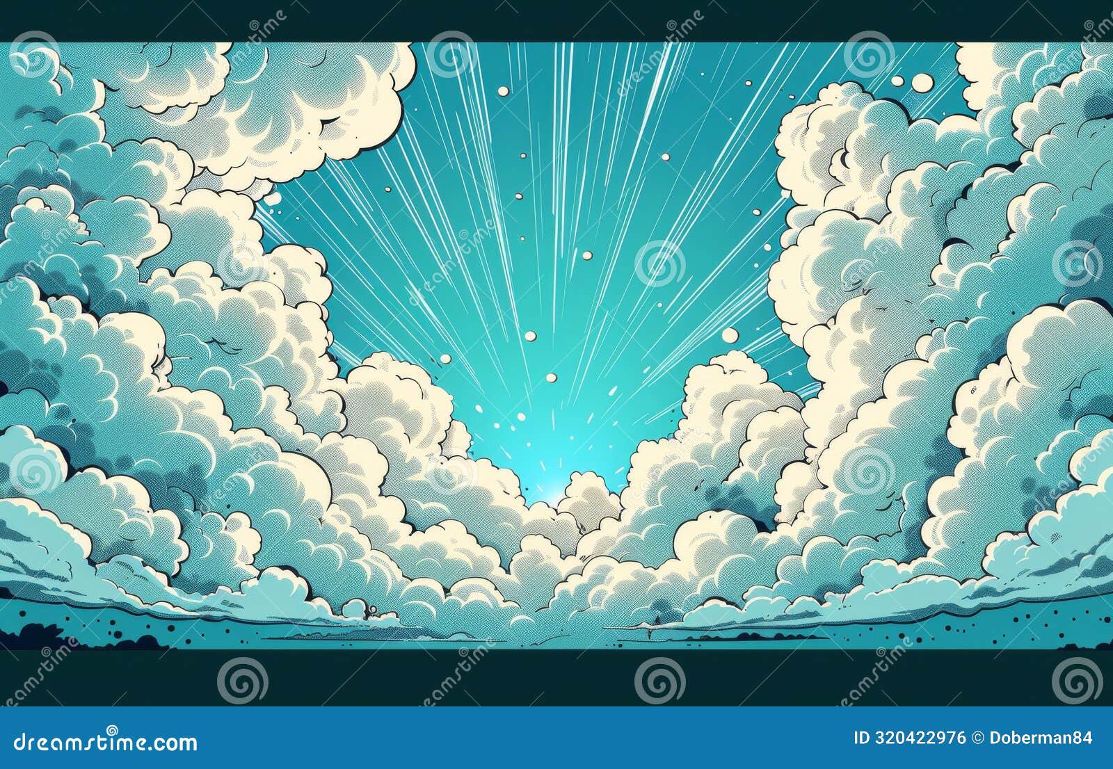 Comic Book Style Cloudy Sky with Teal Background and Beams of Light ...