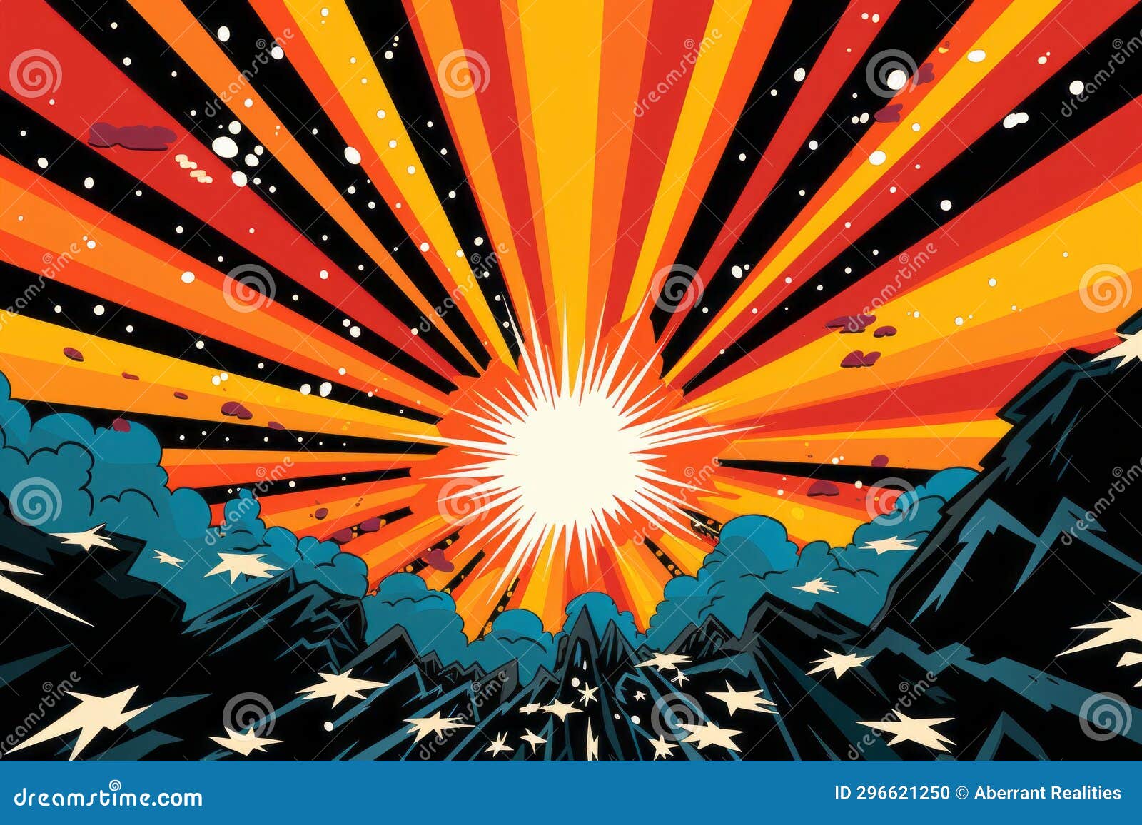 A Comic Book Style Illustration of the Sun Rising Over a Mountain Range ...