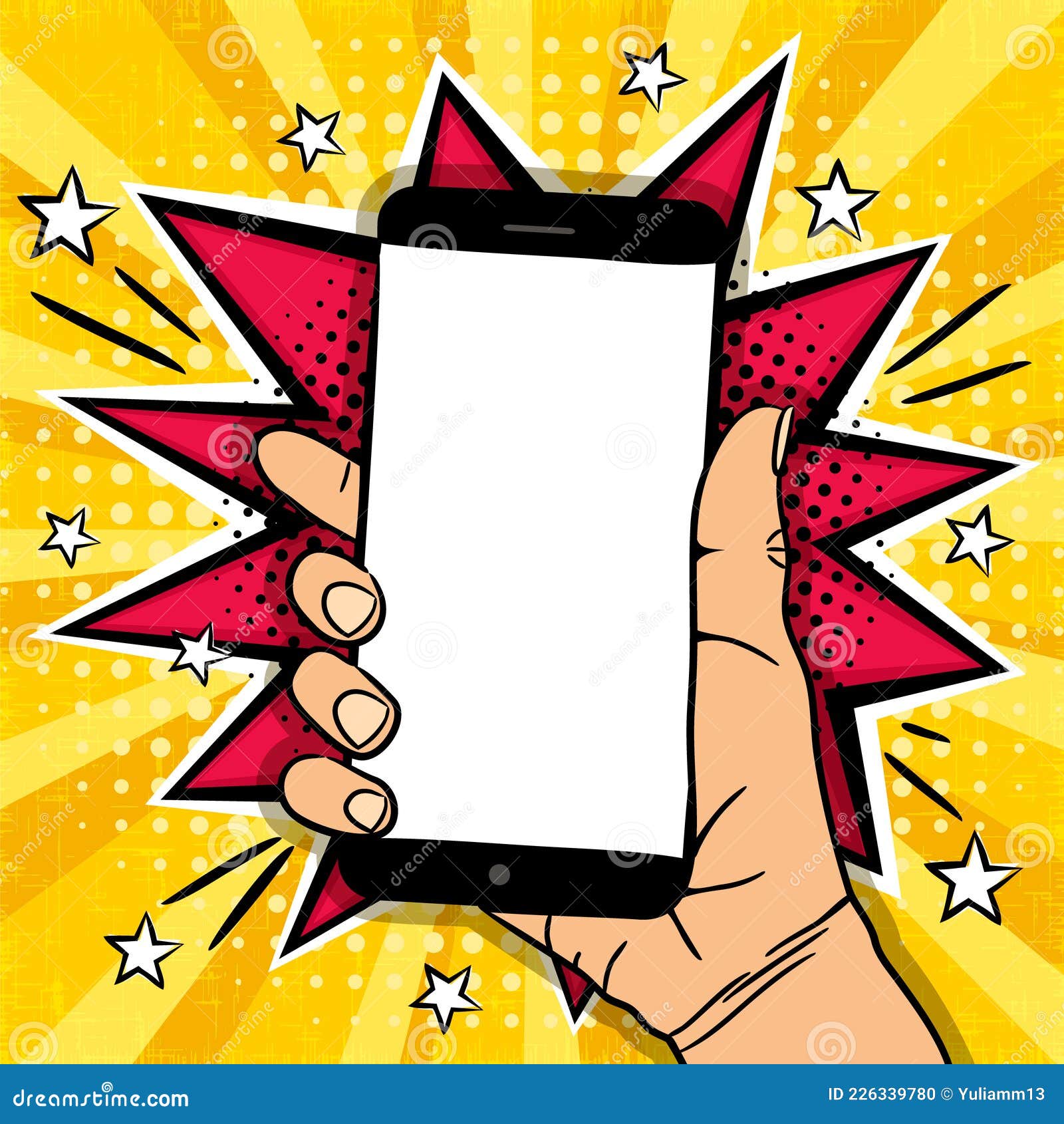 Comic Bright Banner with Mobile Phone in Hand Stock Vector ...