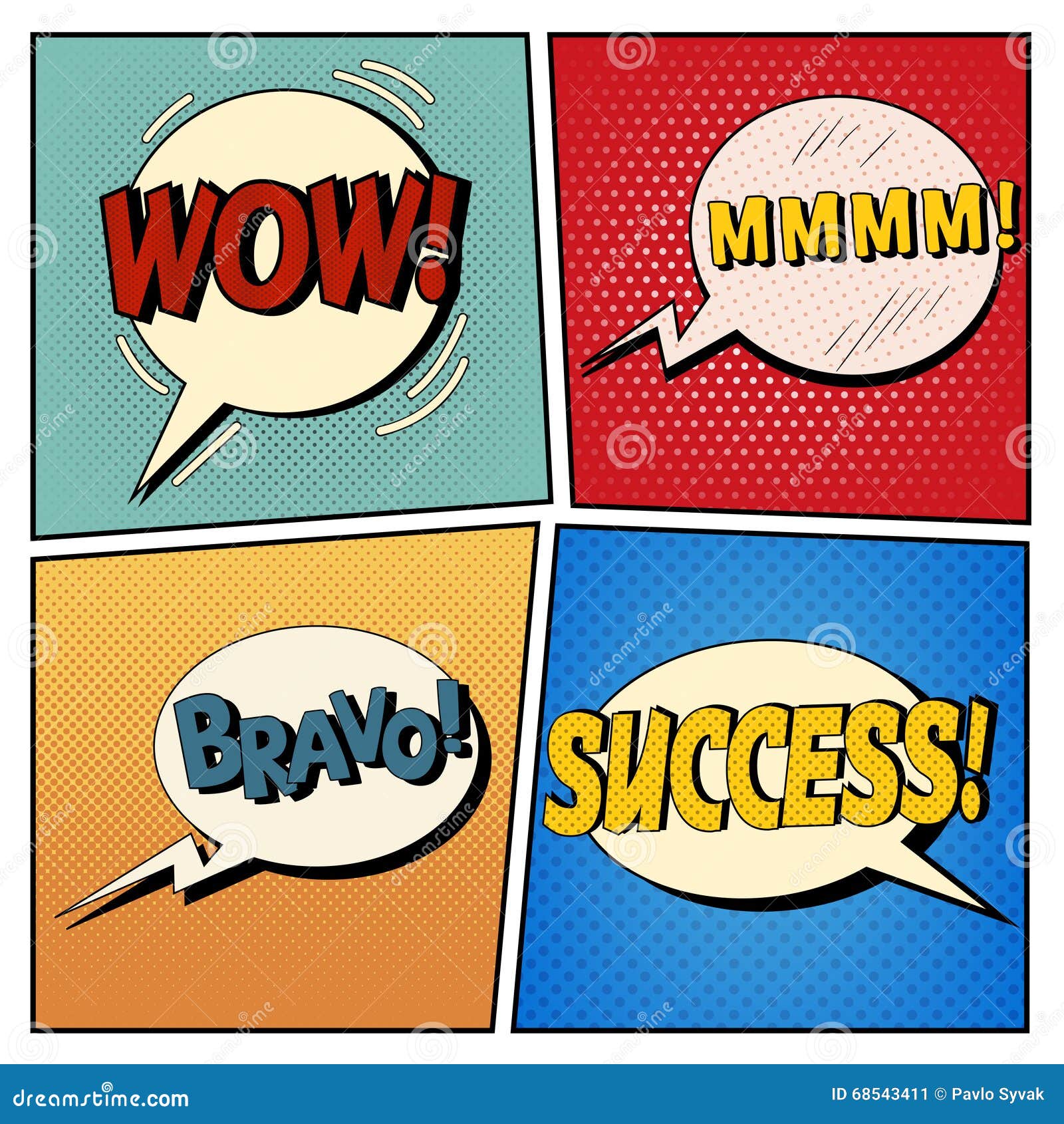 Comic Bubbles Set. Expressions Wow, Mmmm, Bravo, Success Stock Vector ...