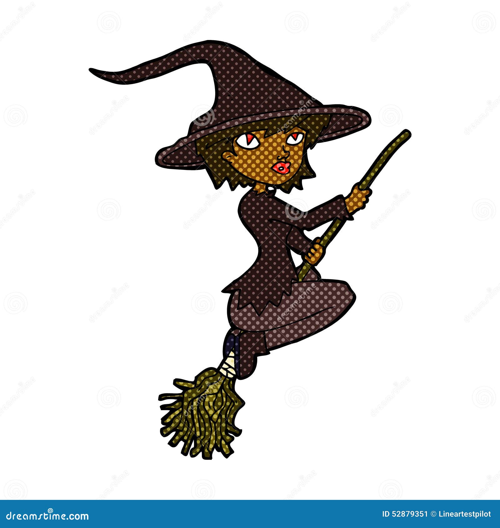 Comic Cartoon Witch Riding Broomstick Stock Illustration - Illustration ...