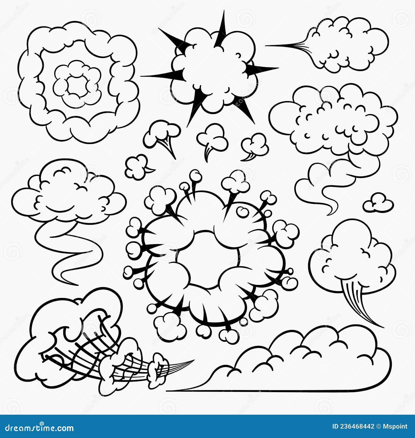 Comic Clouds, Cartoon Vector Clouds in Line Style Isolated on Light ...