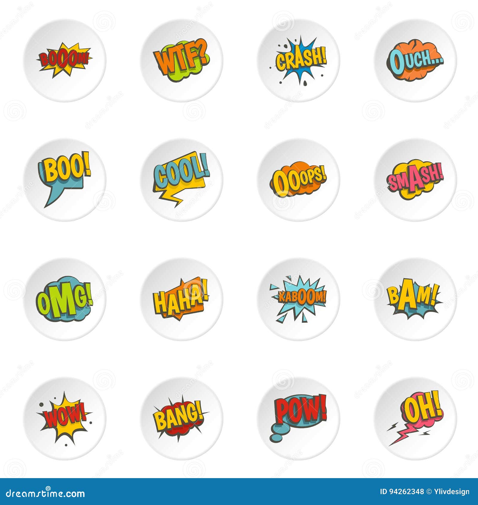 Comic Colored Sound Icons Set in Flat Style Stock Vector - Illustration ...