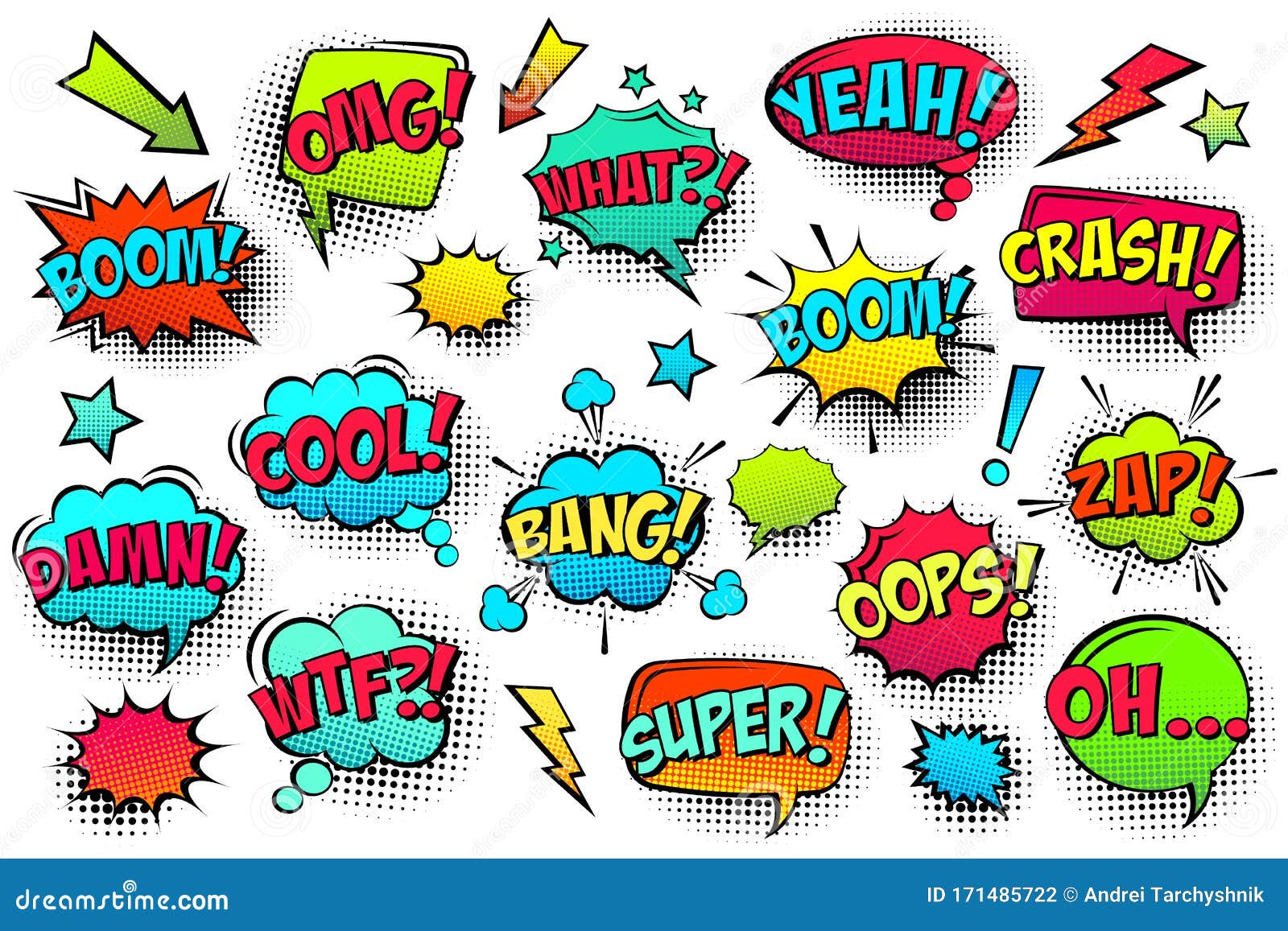 Comic Colored Speech Bubbles with Halftone Shadow and Text Phrase ...