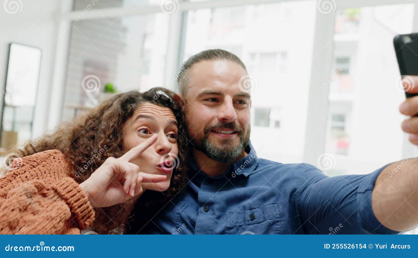 Comic Couple Taking Funny Selfie With Phone Peace Hand Sign With Smile