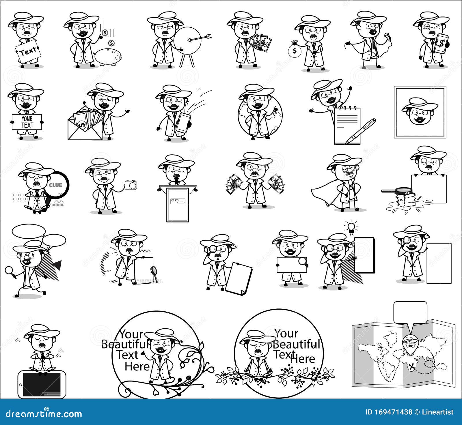 Comic Drawing of Detective Agent - Collection of Concepts Vector ...