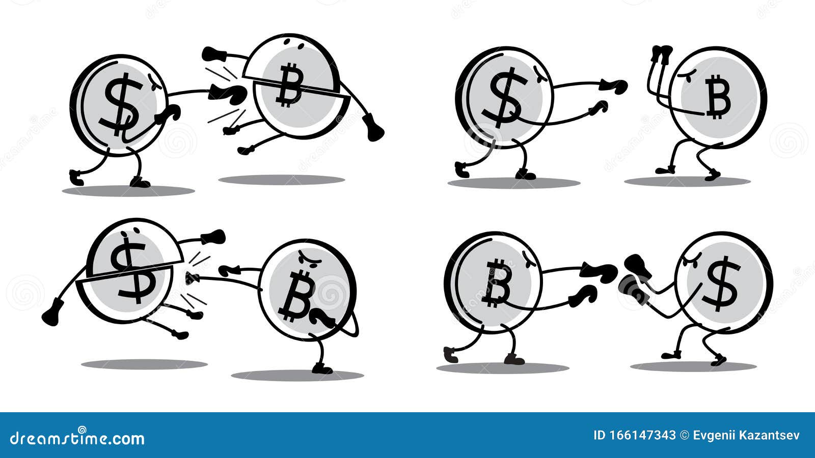 Comic Drawings Dollar Fights with Bitcoin. the Struggle of Conventional ...