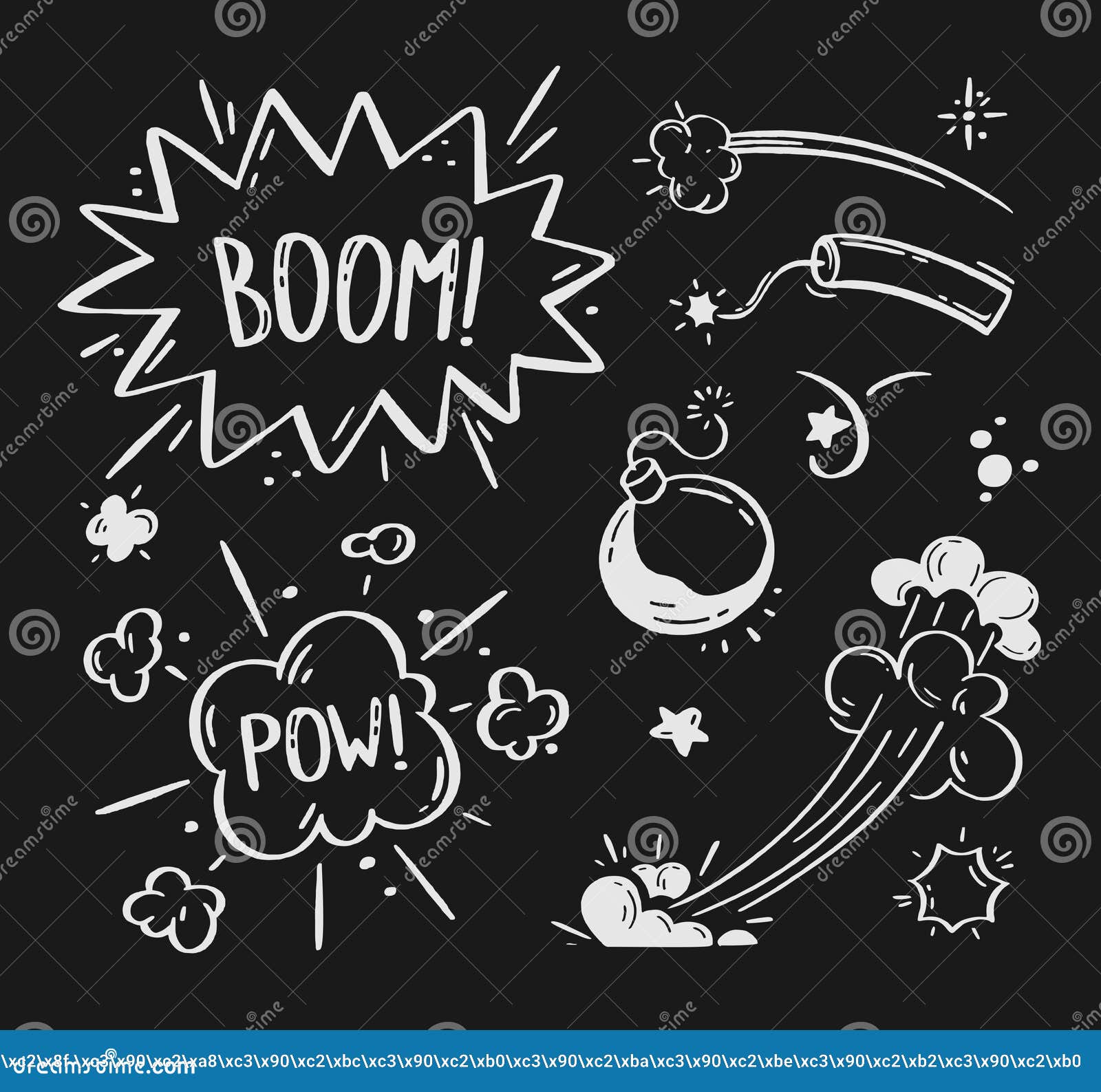 Comic Explosions And Bombs Set Speech Bubbles With The Words Bom Boom Pow Vector Doodle